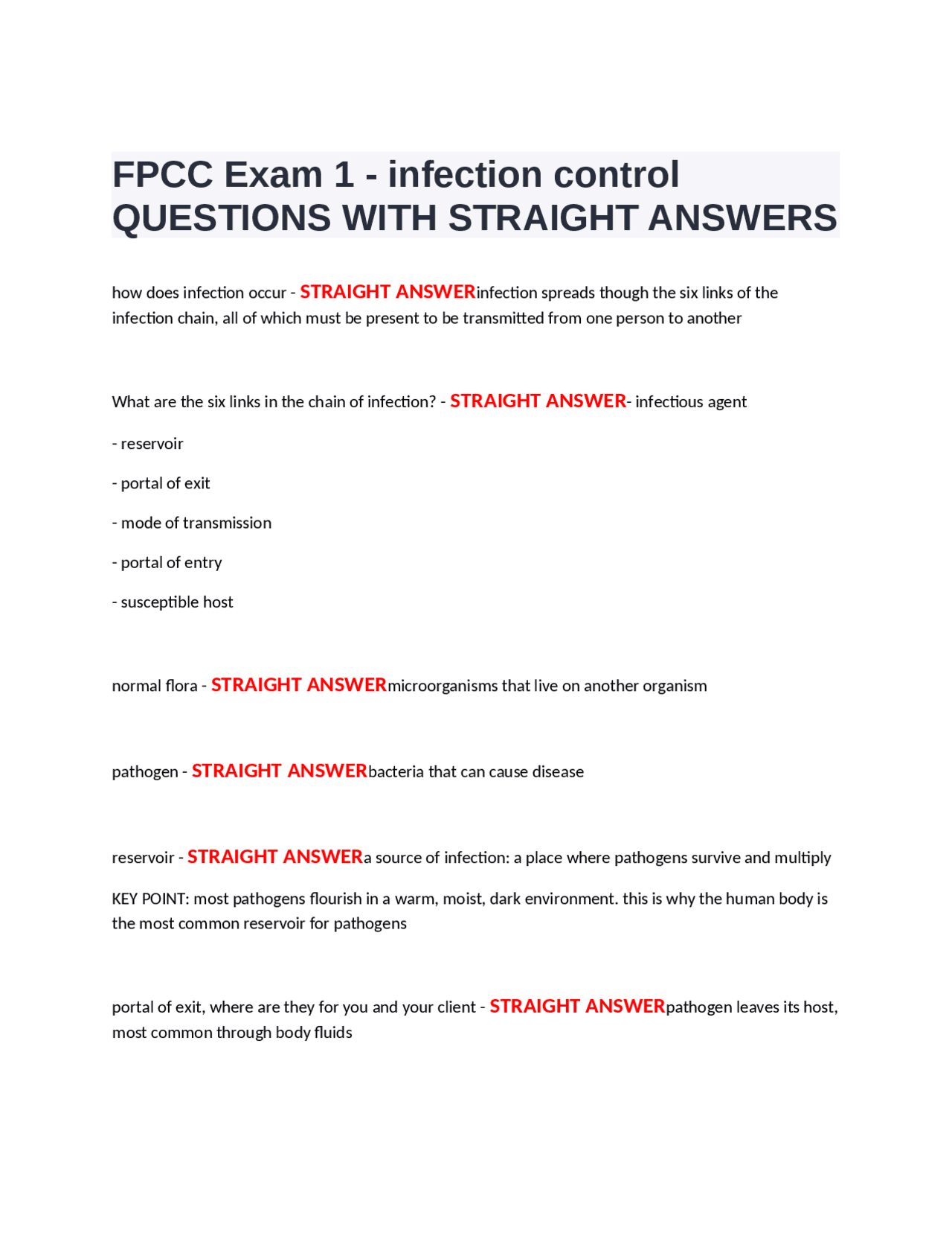 FPCC Exam 1 - infection control QUESTIONS WITH STRAIGHT ANSWERS | Exams Nursing | Docsity