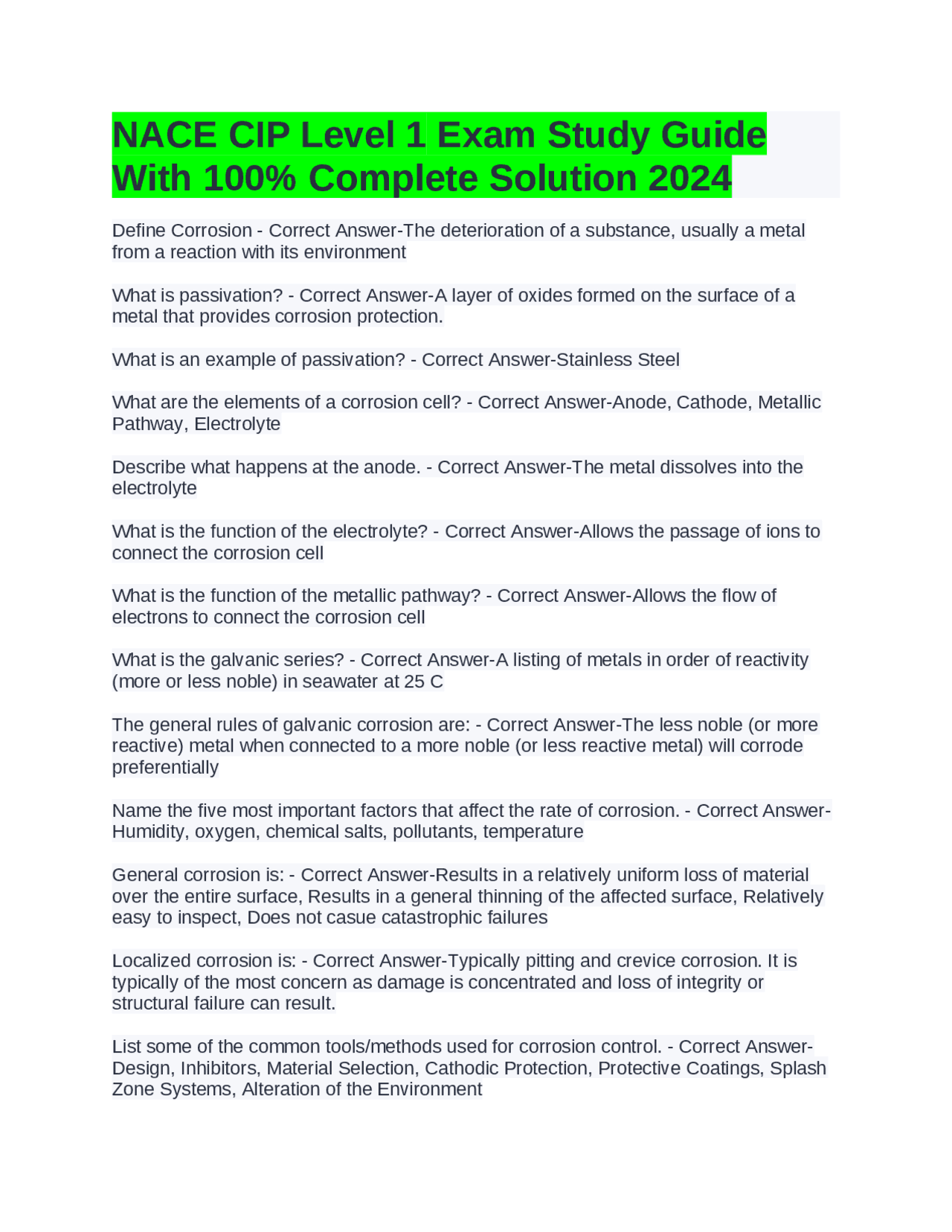 NACE CIP Level 1 Exam Study Guide With 100% Complete Solution 2024 ...