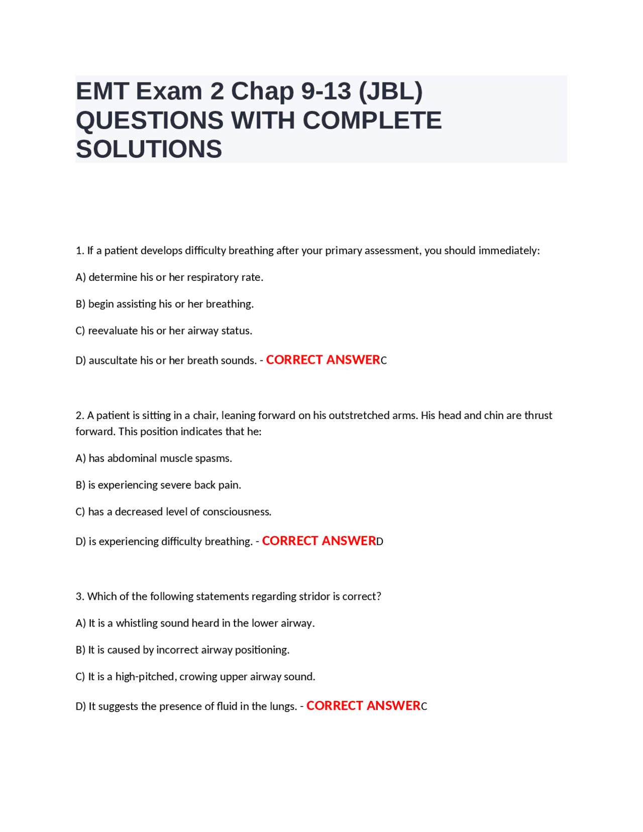 EMT Exam 2 Chap 9-13 (JBL) QUESTIONS WITH COMPLETE SOLUTIONS | Exams ...