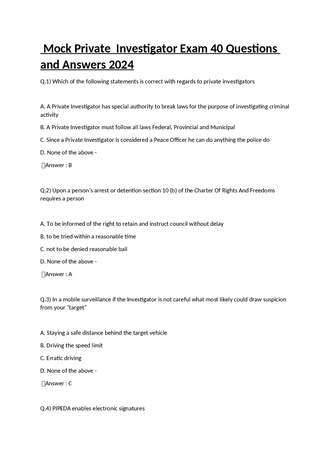 Mock Private Investigator Exam 40 Questions and Answers 2024 | Exams ...