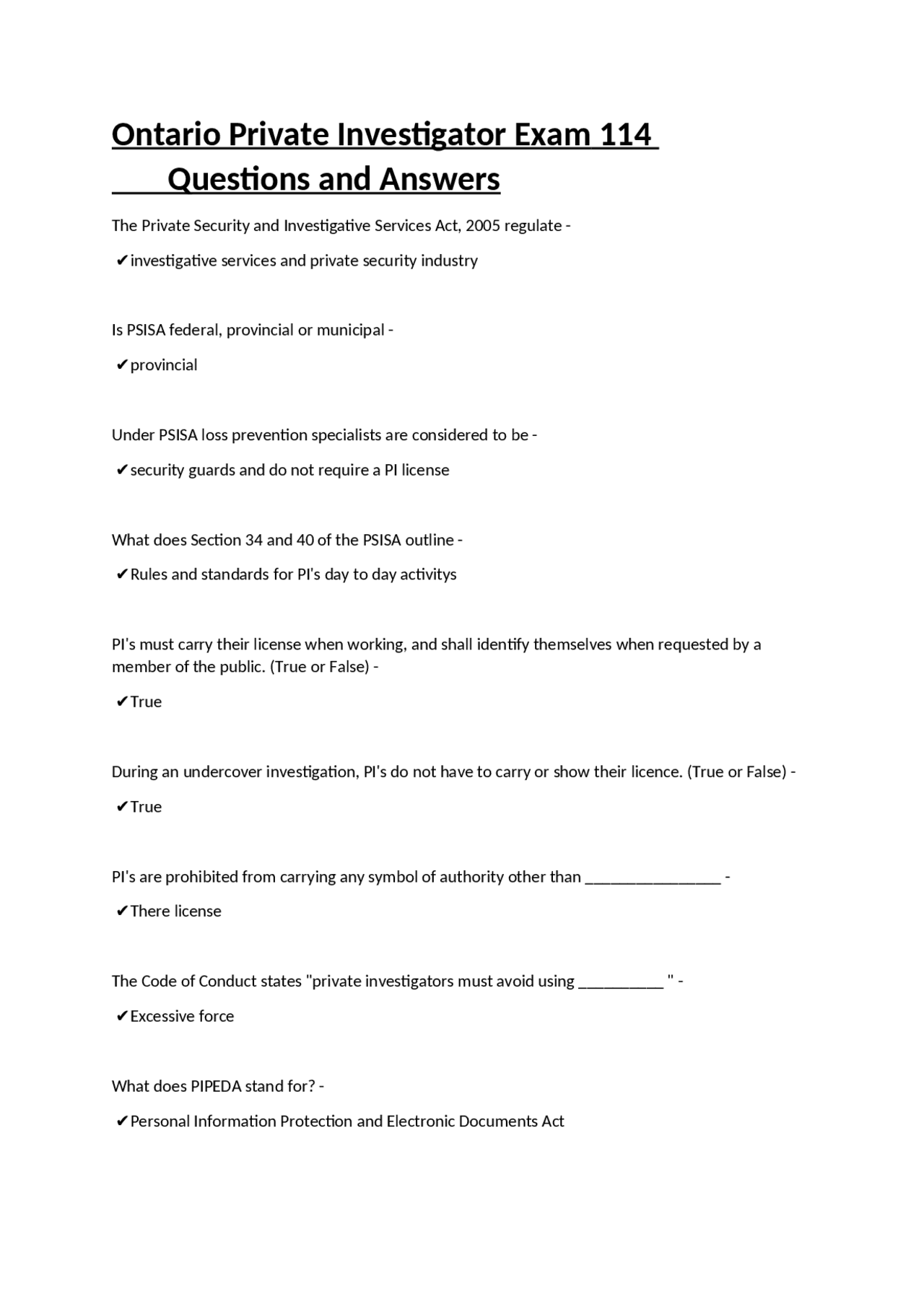 Ontario Private Investigator Exam 114 Questions and Answers | Exams Law ...