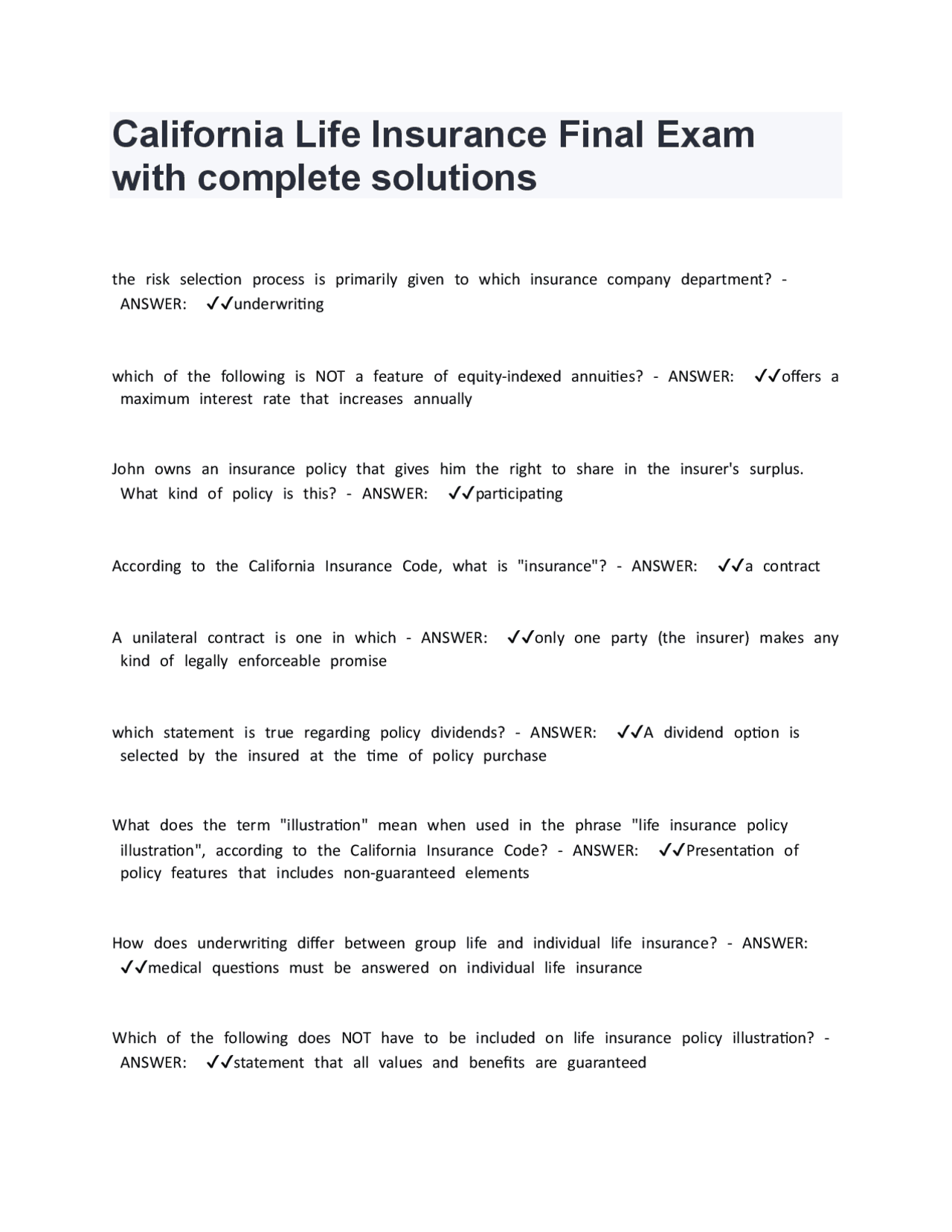 California Life Insurance Final Exam with complete solutions | Exams ...