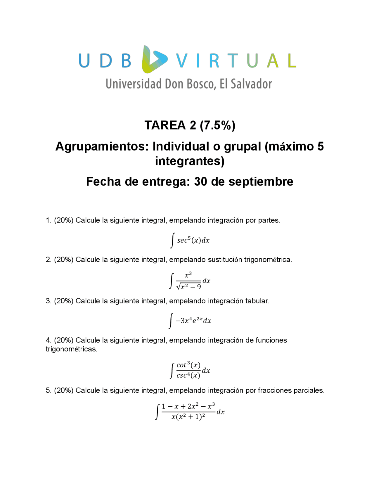 UDB-VIRTUAL: Solucionario Tarea 2 de “Cálculo Integral” | Ejercicios de Cálculo diferencial y ...