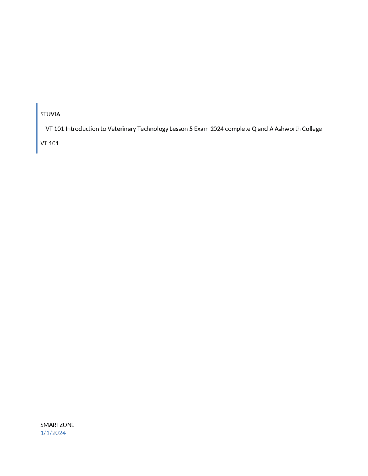 VT 101 Introduction to Veterinary Technology Lesson 5 Exam 2024 ...