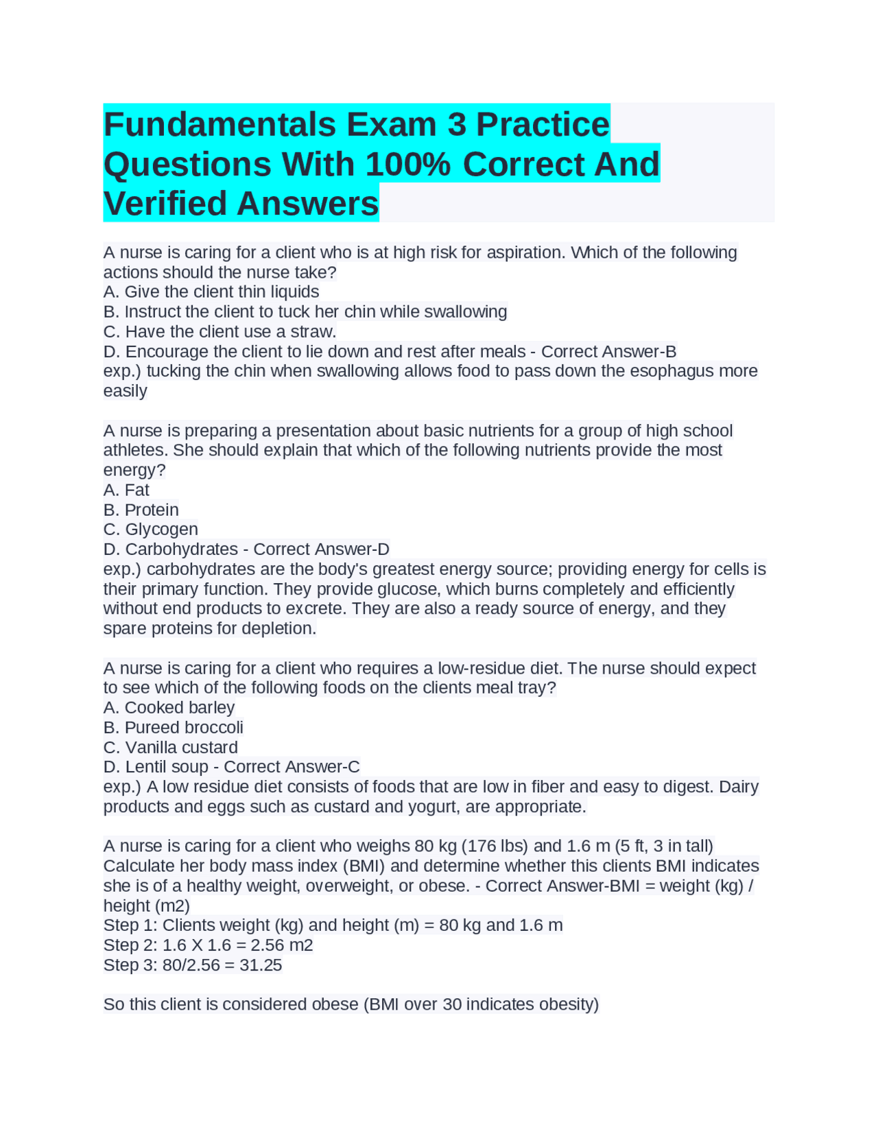 Fundamentals Exam 3 Practice Questions With 100% Correct And Verified Answers | Exams Advanced ...