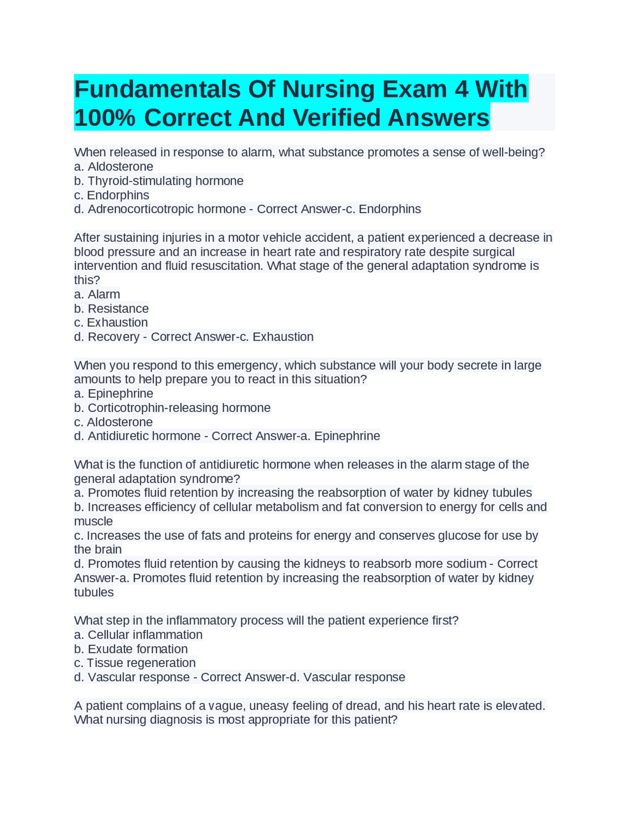 Fundamentals Of Nursing Exam 4 With 100% Correct And Verified Answers | Exams Advanced Education ...