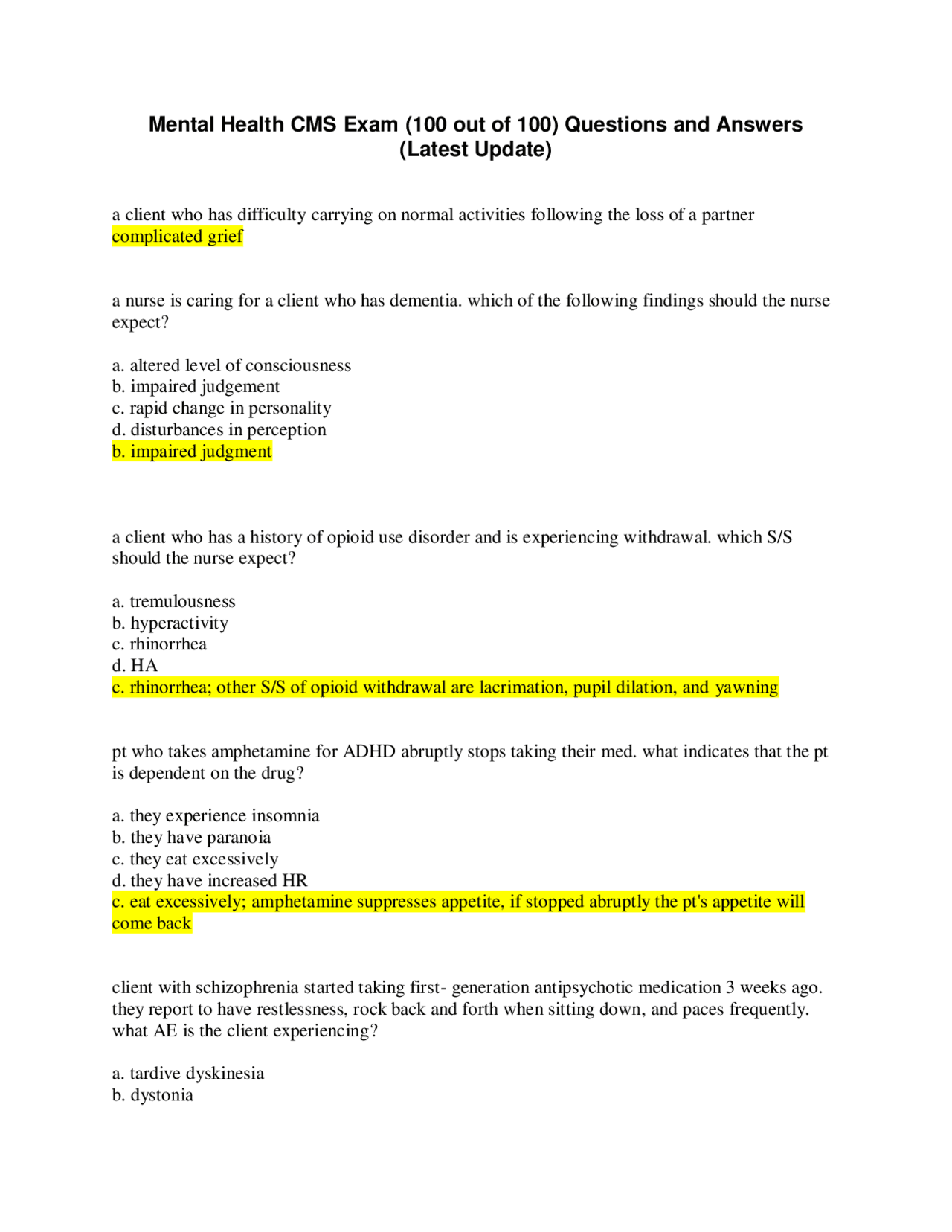 Mental Health CMS Exam (100 out of 100) Questions and Answers (Latest ...