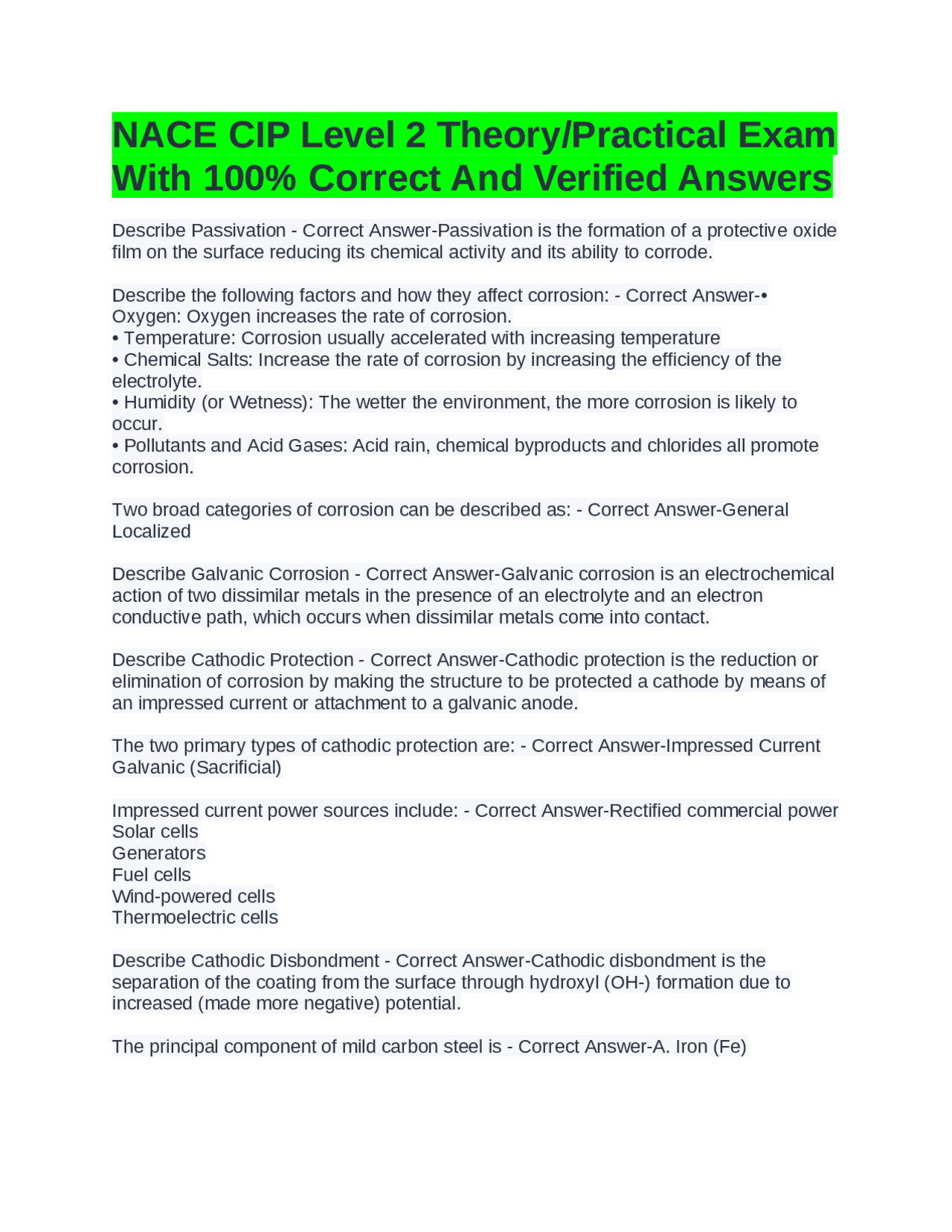 NACE CIP Level 2 Theory/Practical Exam With 100% Correct And Verified ...