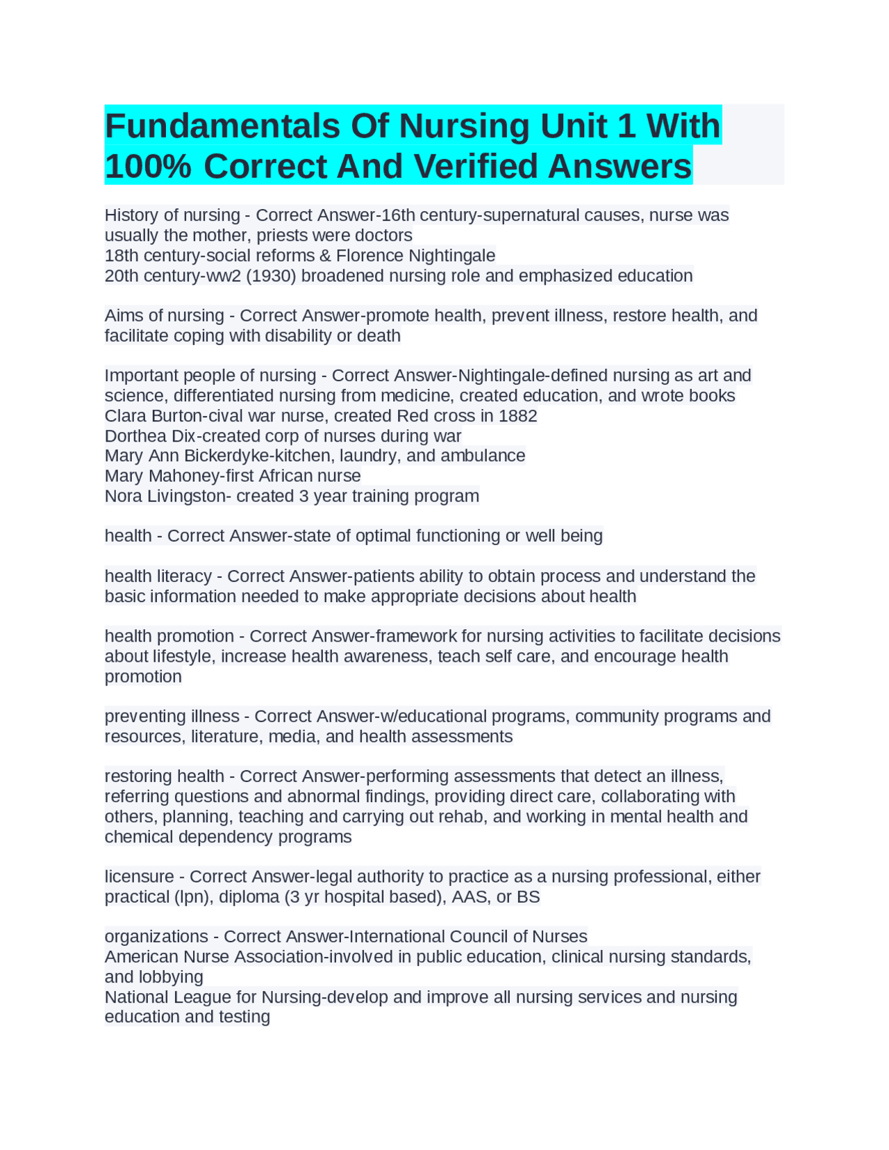 Fundamentals Of Nursing Unit 1 With 100% Correct And Verified Answers ...