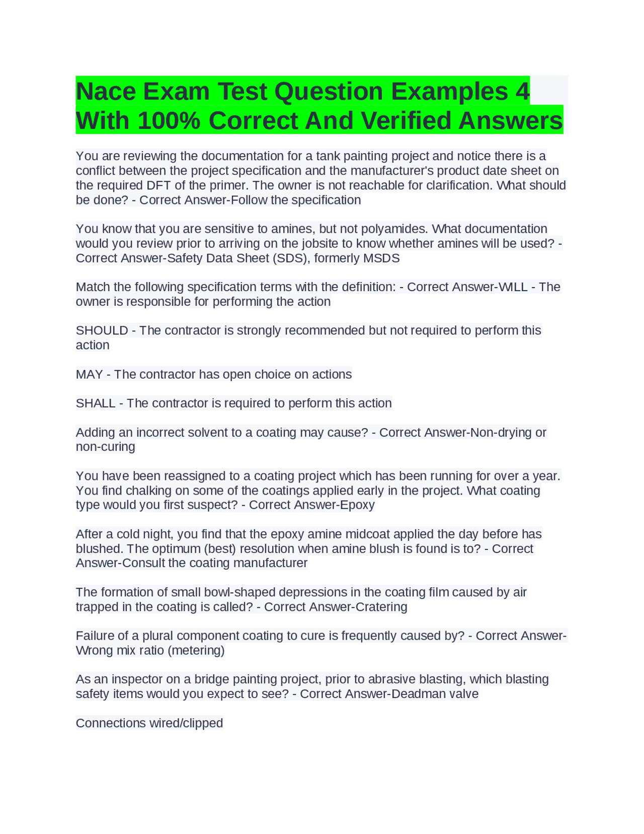 Nace Exam Test Question Examples 4 With 100% Correct And Verified ...