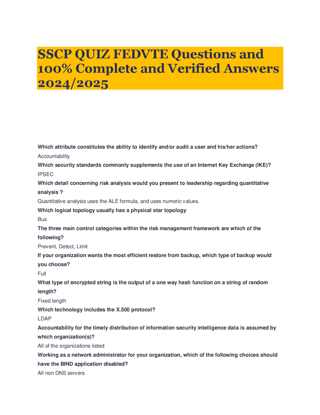 SSCP QUIZ FEDVTE Questions and 100% Complete and Verified Answers 2024/2025 | Exams Business ...