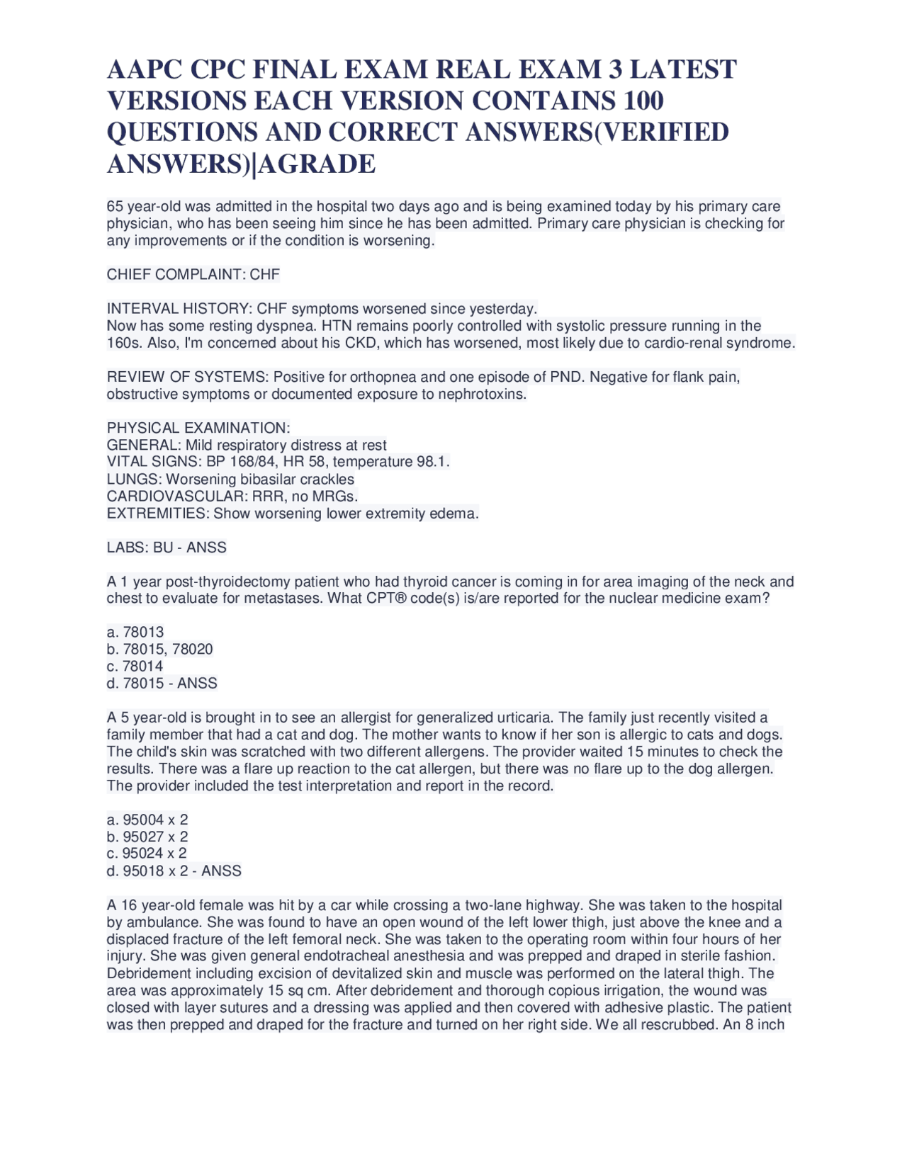 AAPC CPC FINAL EXAM REAL EXAM 3 LATEST VERSIONS EACH VERSION CONTAINS ...