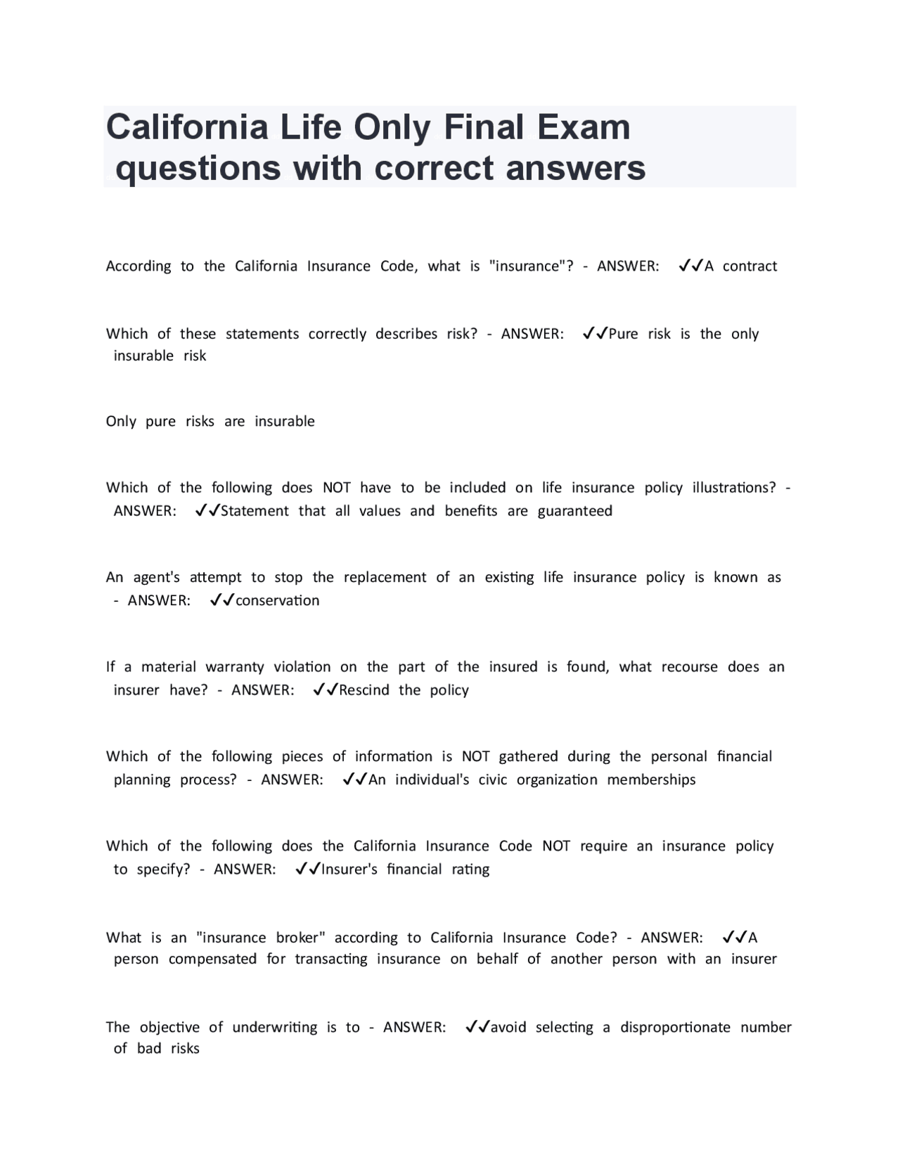 California Life Only Final Exam questions with correct answers. | Exams ...