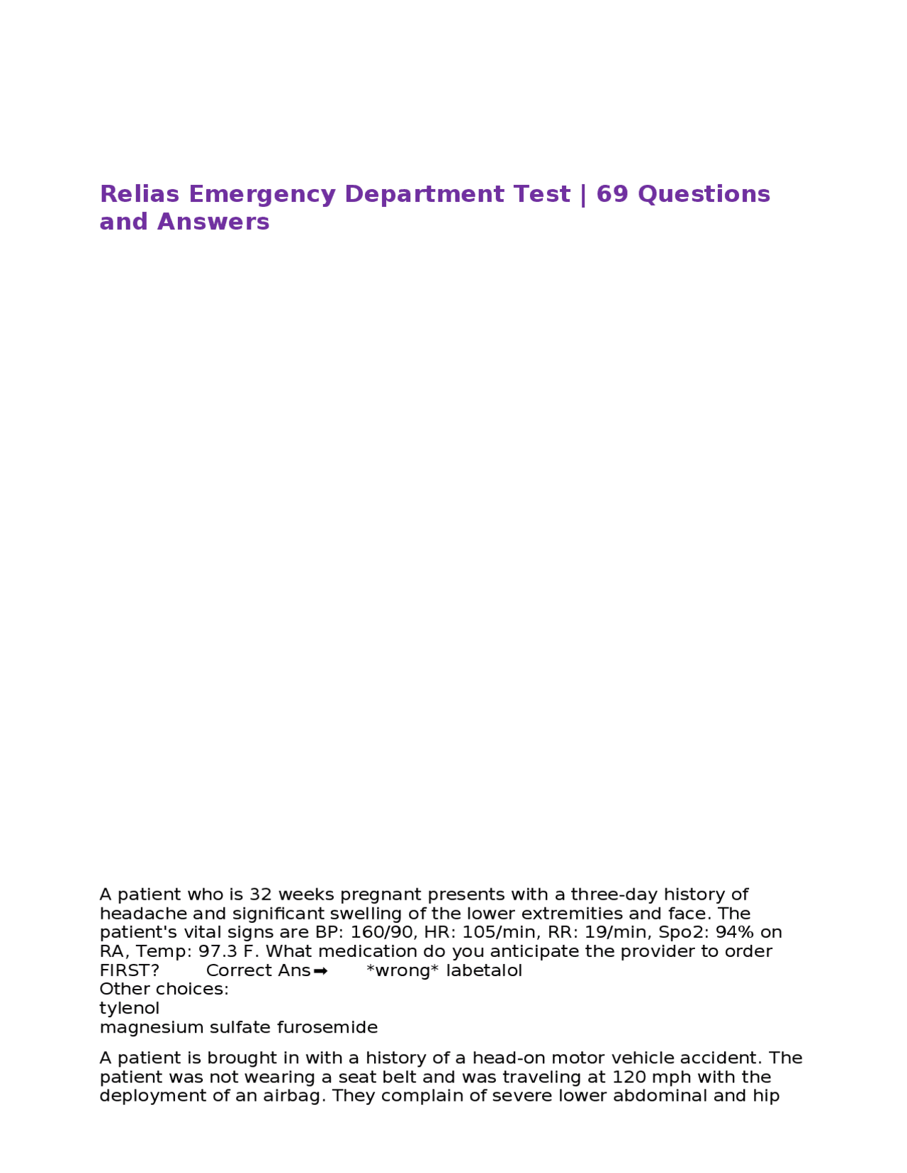 Relias Emergency Department Test | 69 Questions and Answers | Exams ...