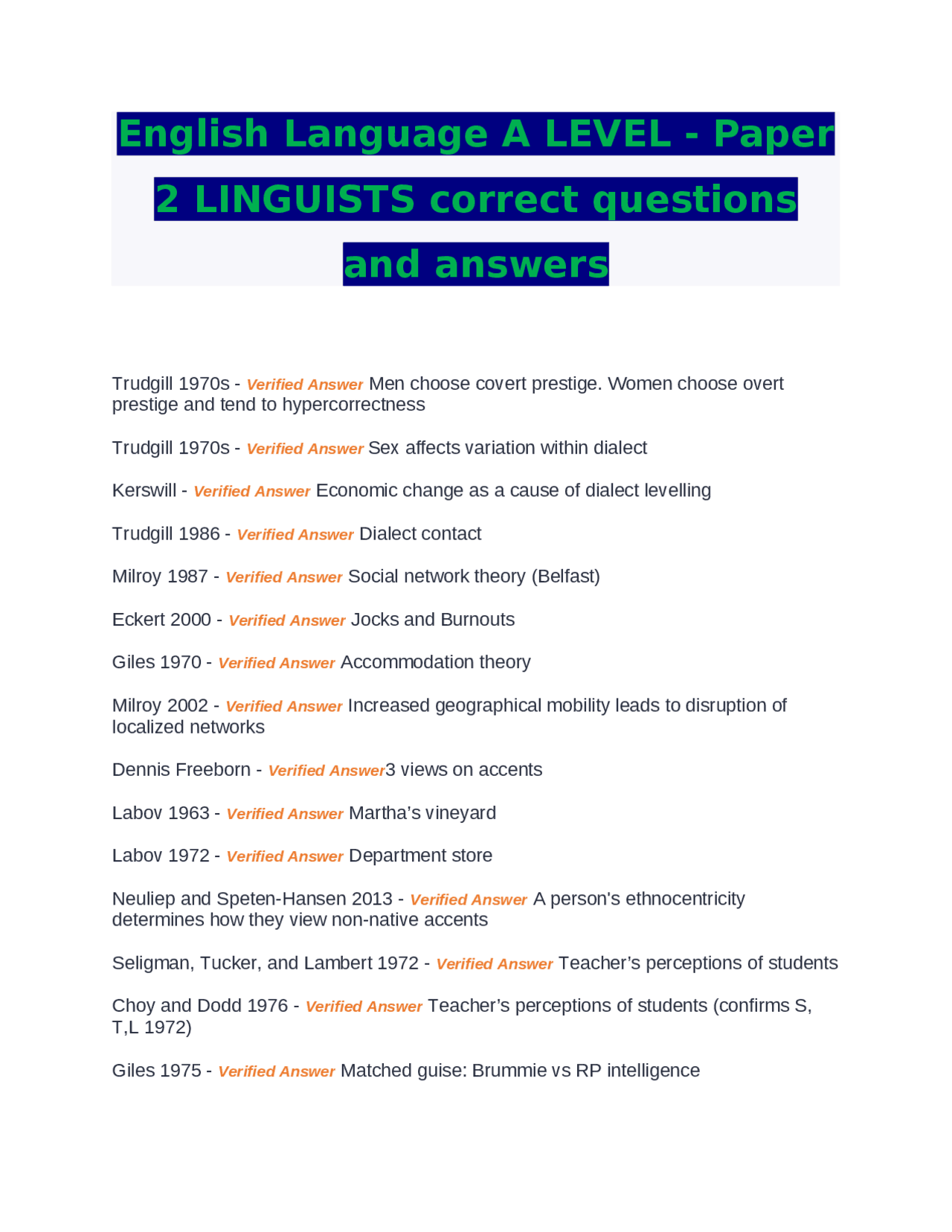 English Language A LEVEL - Paper 2 LINGUISTS correct questions and ...