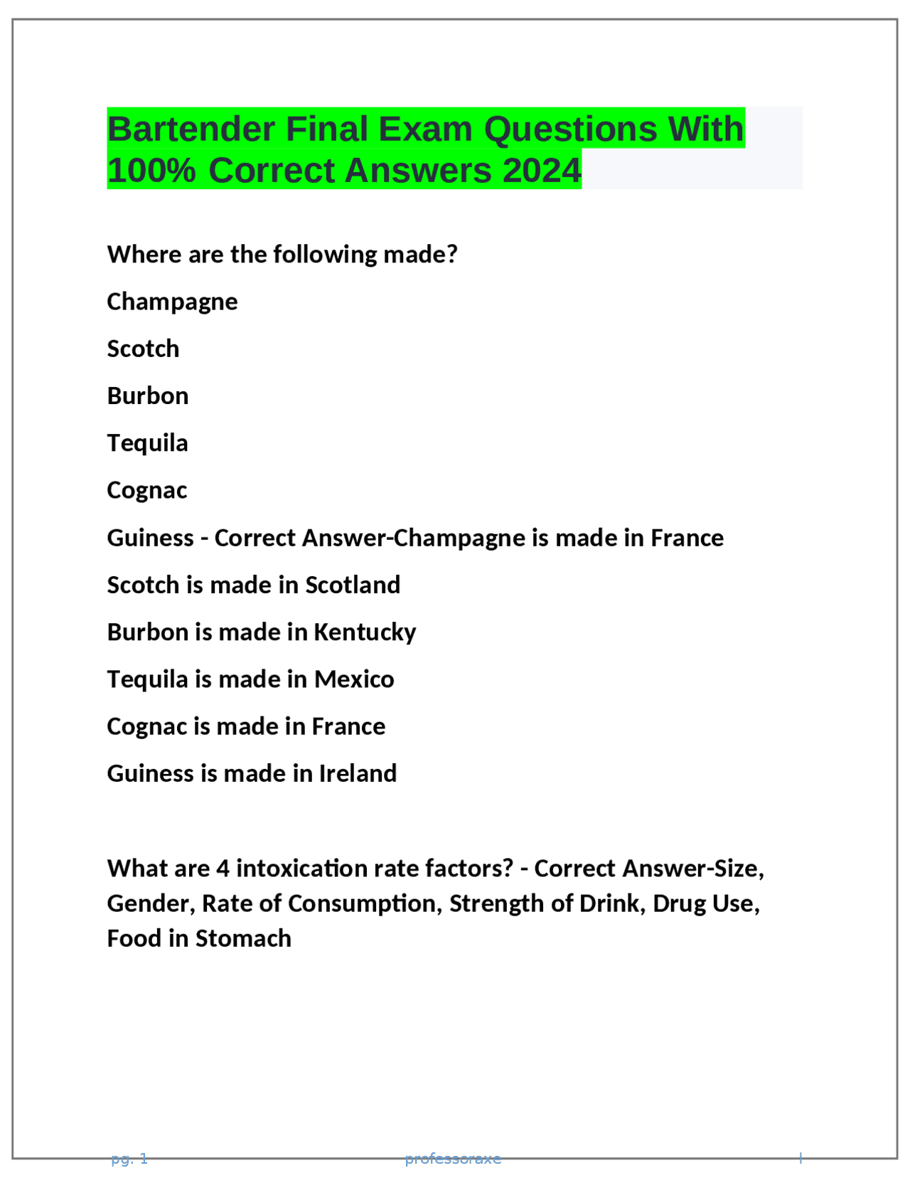 Bartender Final Exam Questions With 100% Correct Answers 2024 | Exams ...