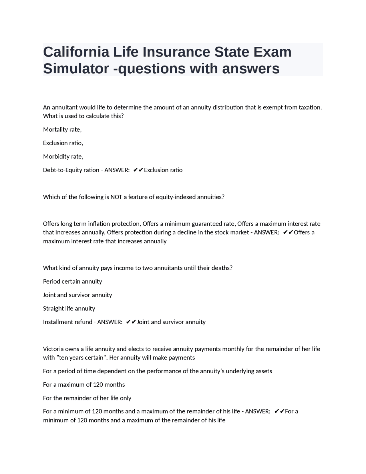 California Life Insurance State Exam Simulator -questions with answers ...