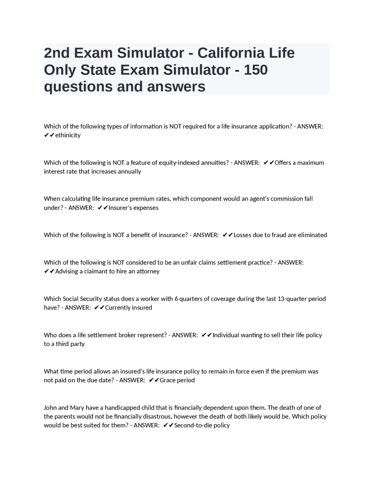 2nd Exam Simulator - California Life Only State Exam Simulator - 150 ...