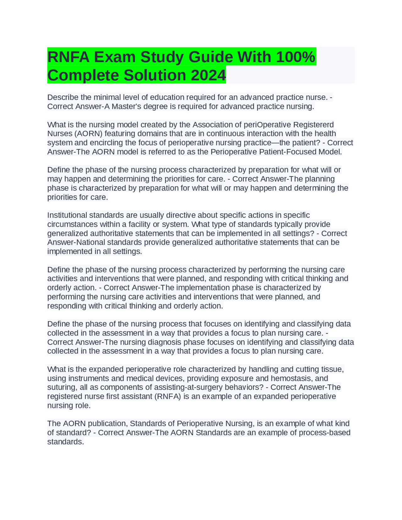 RNFA Exam Study Guide With 100% Complete Solution 2024 | Exams Advanced ...