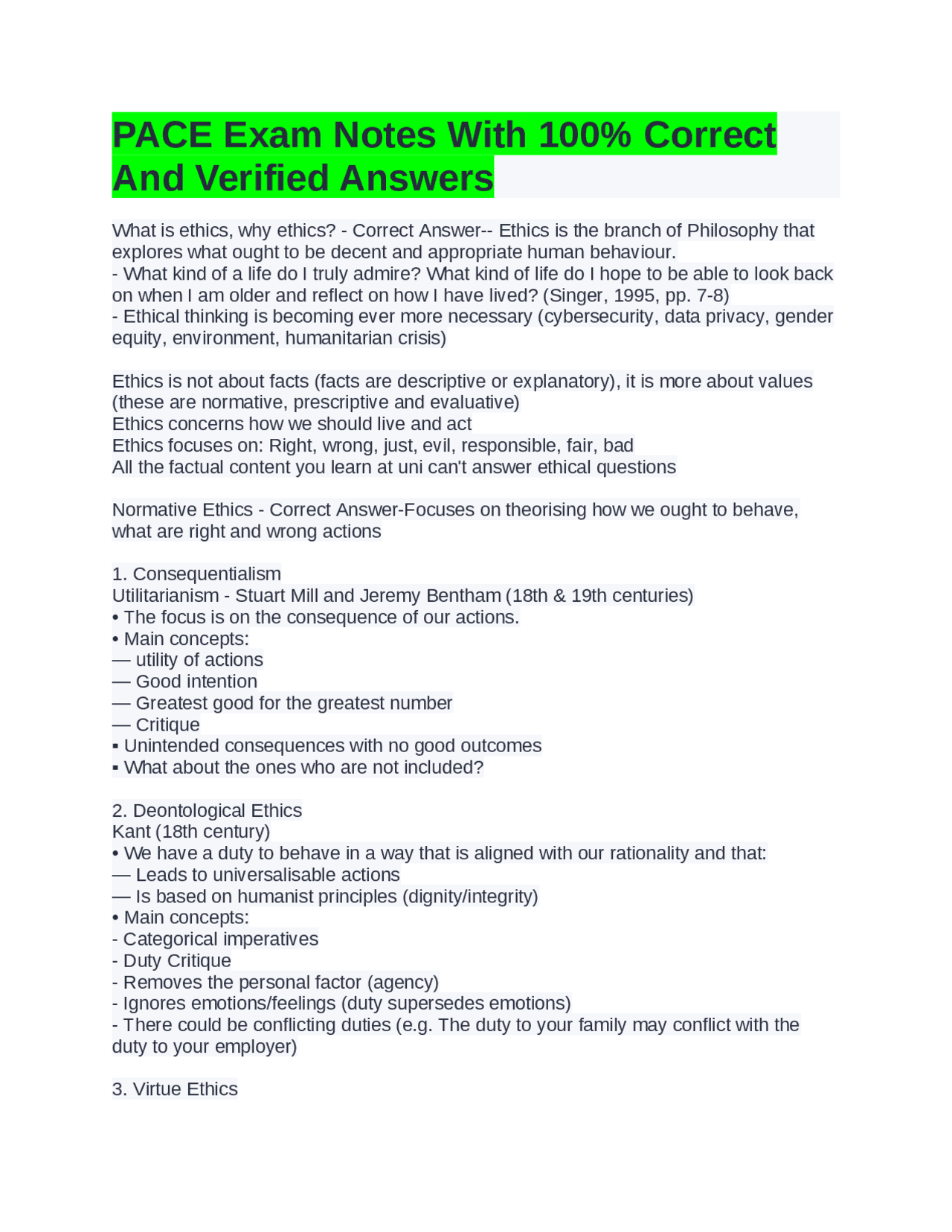 PACE Exam Notes With 100% Correct And Verified Answers | Exams Advanced ...