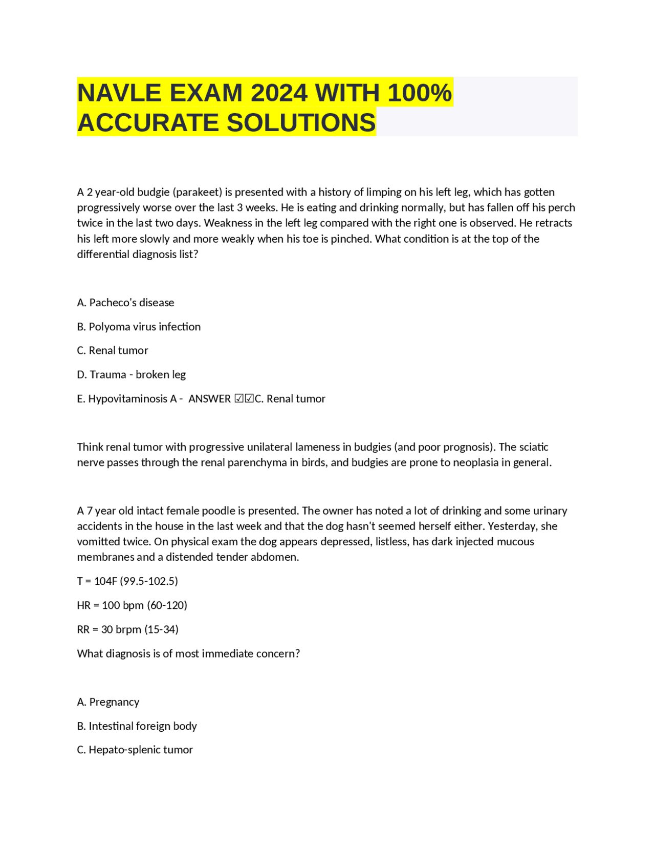 NAVLE EXAM 2024 WITH 100% ACCURATE SOLUTIONS | Exams Nursing | Docsity