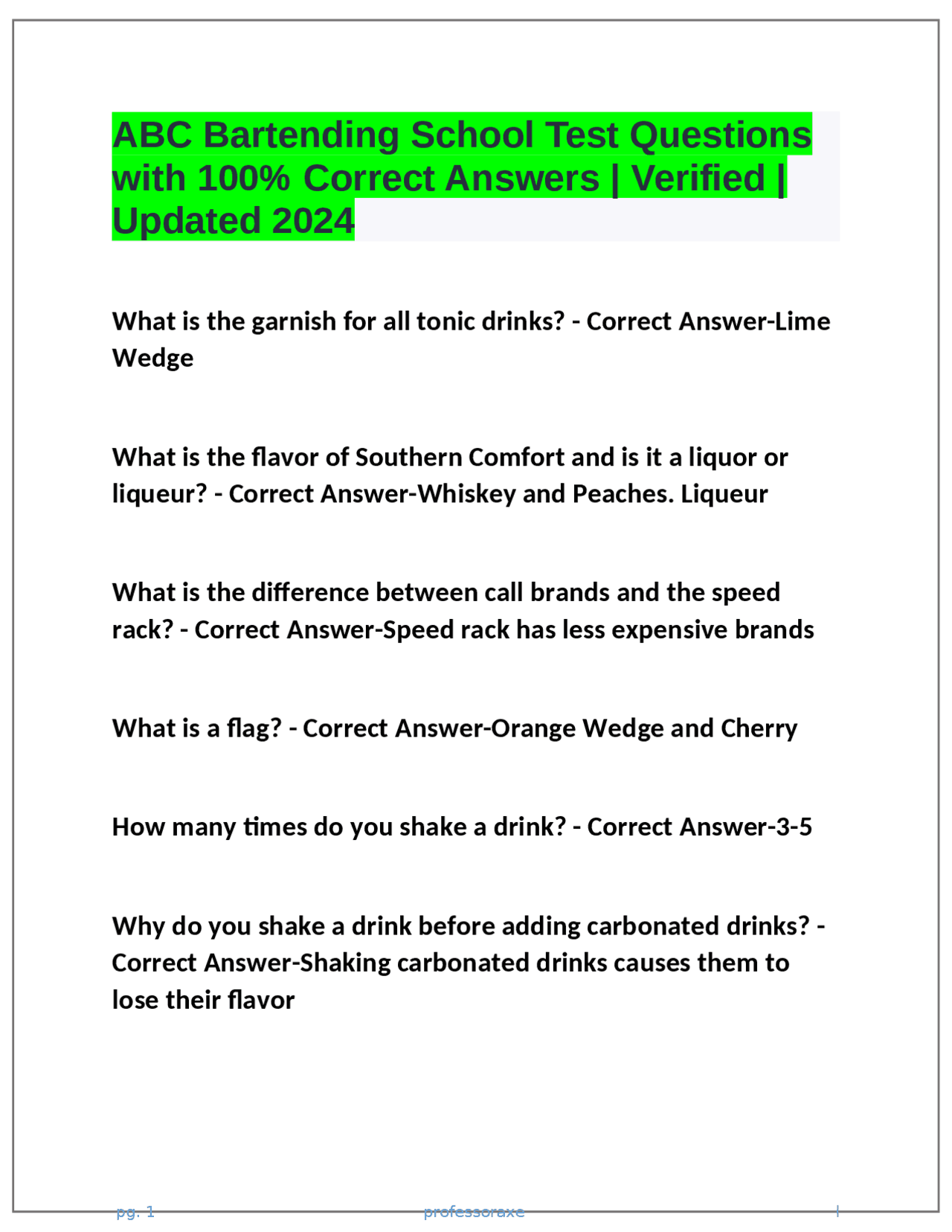 ABC Bartending School Test Questions with 100% Correct Answers ...