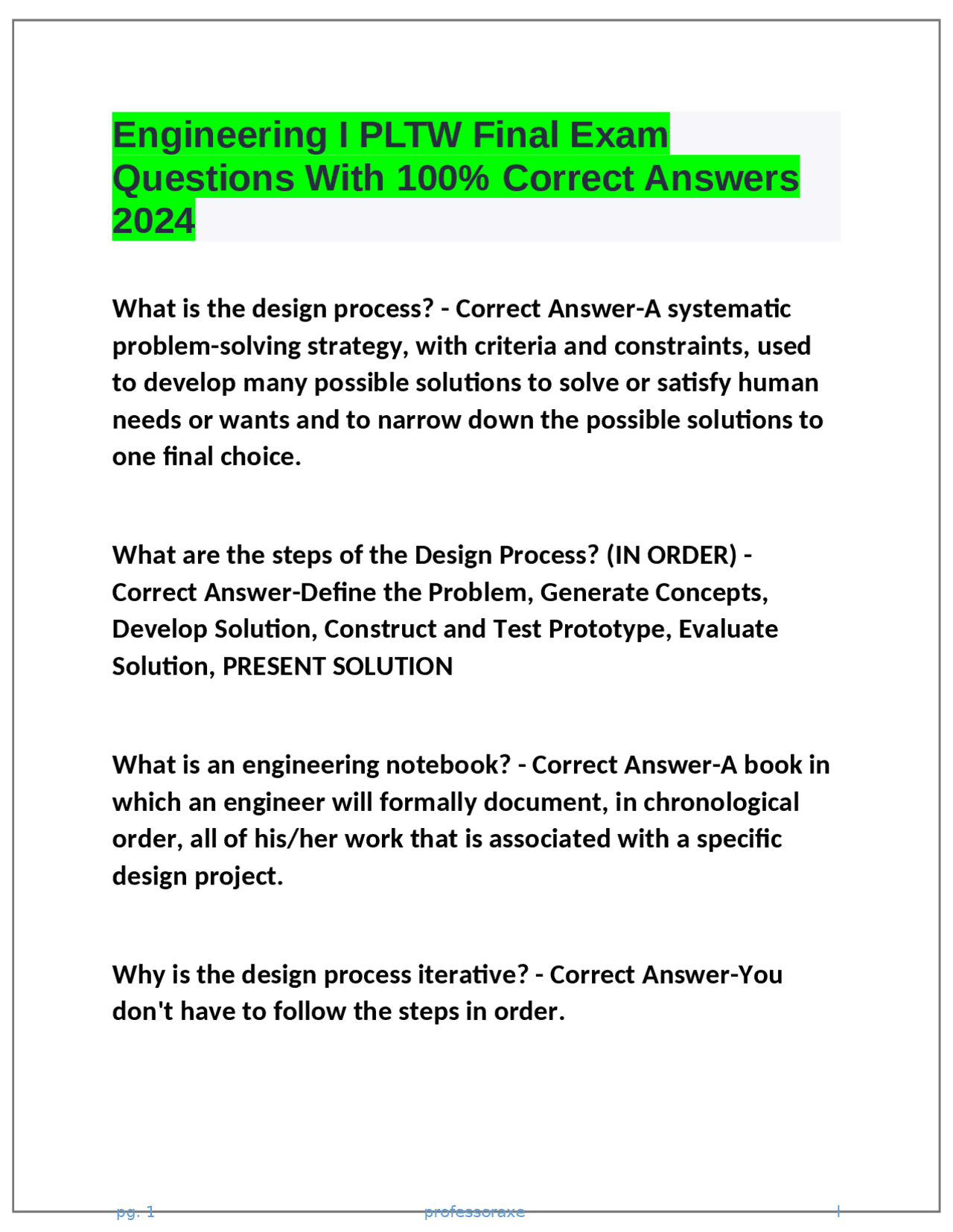 Engineering I PLTW Final Exam Questions With 100% Correct Answers 2024 | Exams Advanced ...
