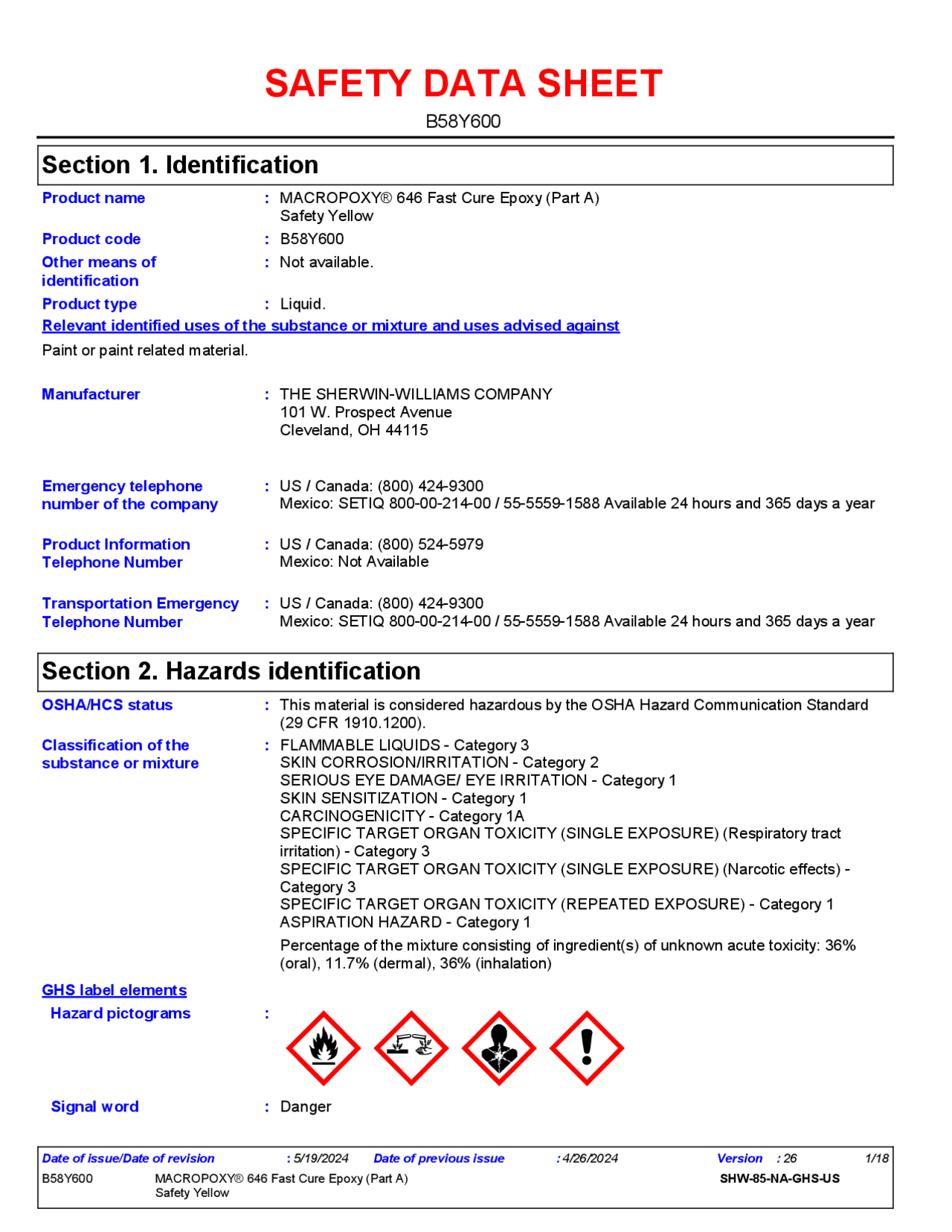 FISPQ SHERWIN WILLIAMS MACROPOXY 646 | Resumos Química | Docsity