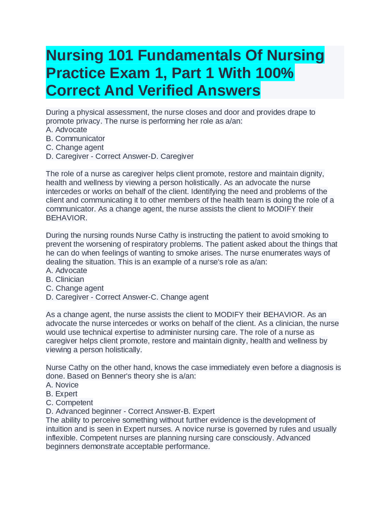 Nursing 101 Fundamentals Of Nursing Practice Exam 1, Part 1 With 100% Correct And Verified ...