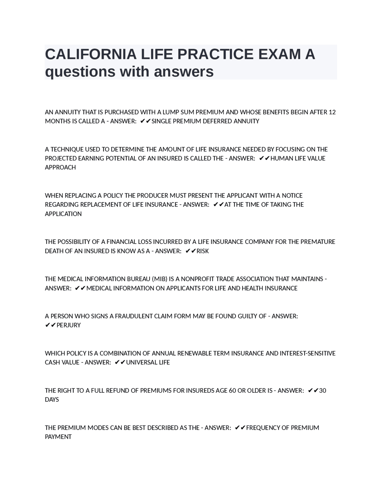 CALIFORNIA LIFE PRACTICE EXAM A questions with answers | Exams ...