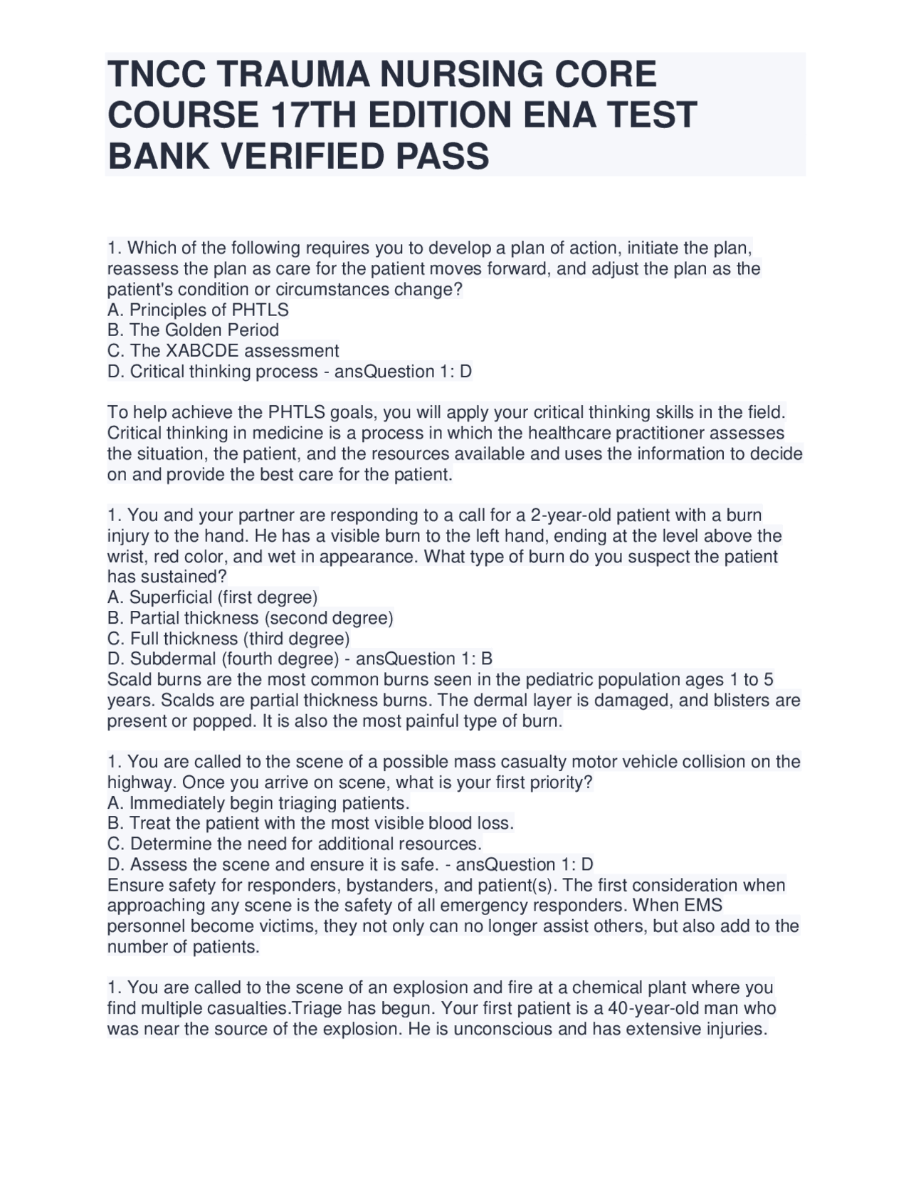 TNCC TRAUMA NURSING CORE COURSE 17TH EDITION ENA TEST BANK VERIFIED ...