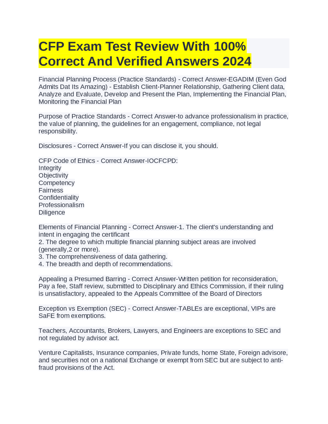 CFP Exam Test Review With 100% Correct And Verified Answers 2024 ...