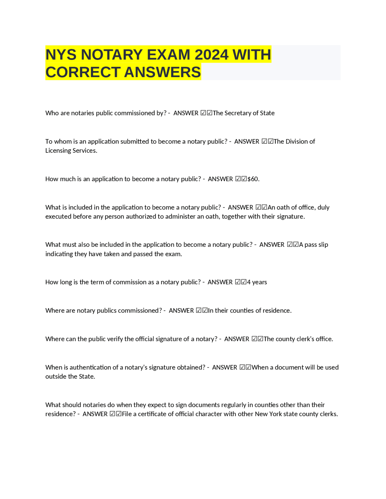 NYS NOTARY EXAM 2024 WITH CORRECT ANSWERS | Exams Nursing | Docsity