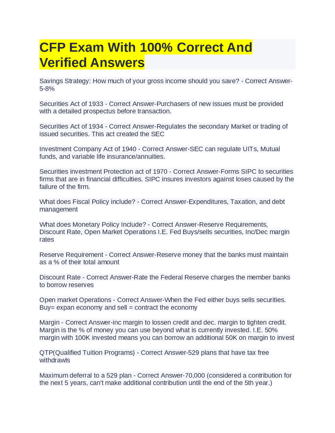 CFP Exam With 100% Correct And Verified Answers | Exams Advanced ...