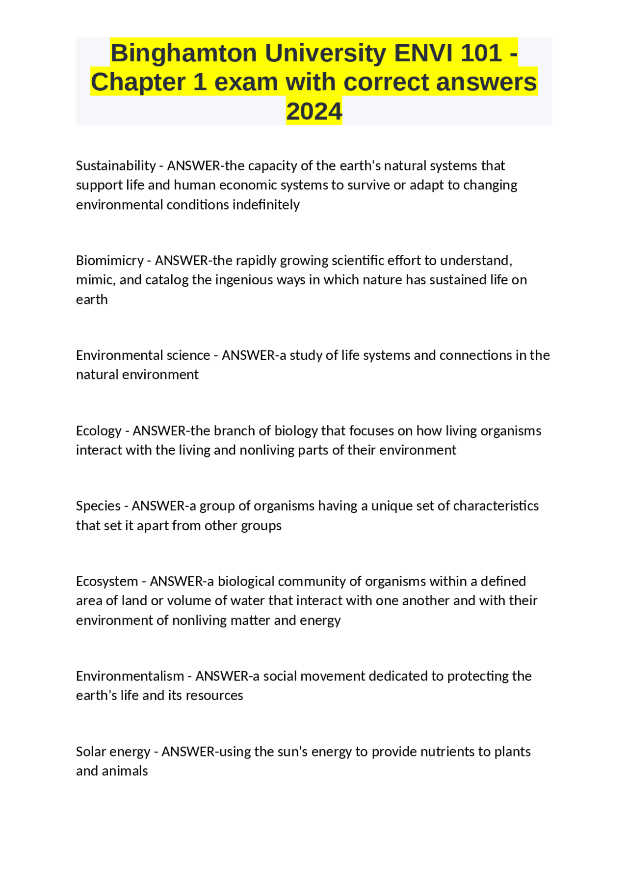 Binghamton University ENVI 101 - Chapter 1 exam with correct answers ...