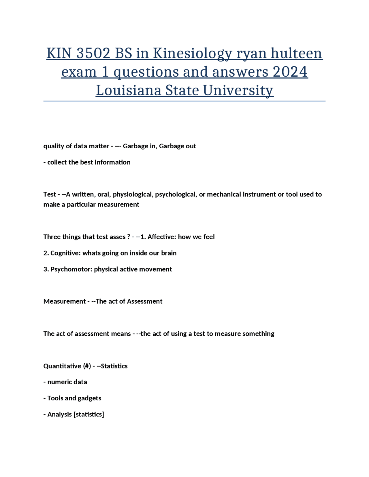 KIN 3502 BS in Kinesiology ryan hulteen exam 1 questions and answers ...