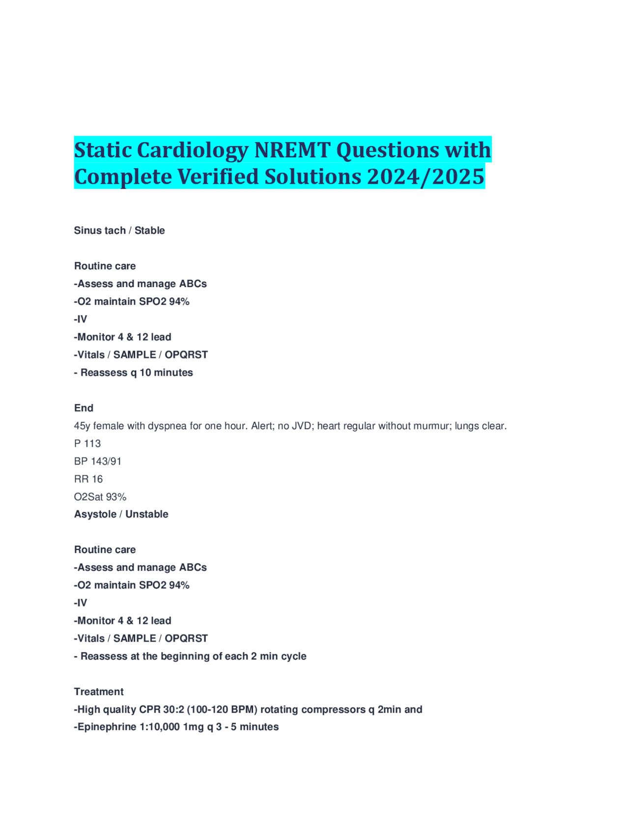 Static Cardiology NREMT Questions with Complete Verified Solutions 2024 ...