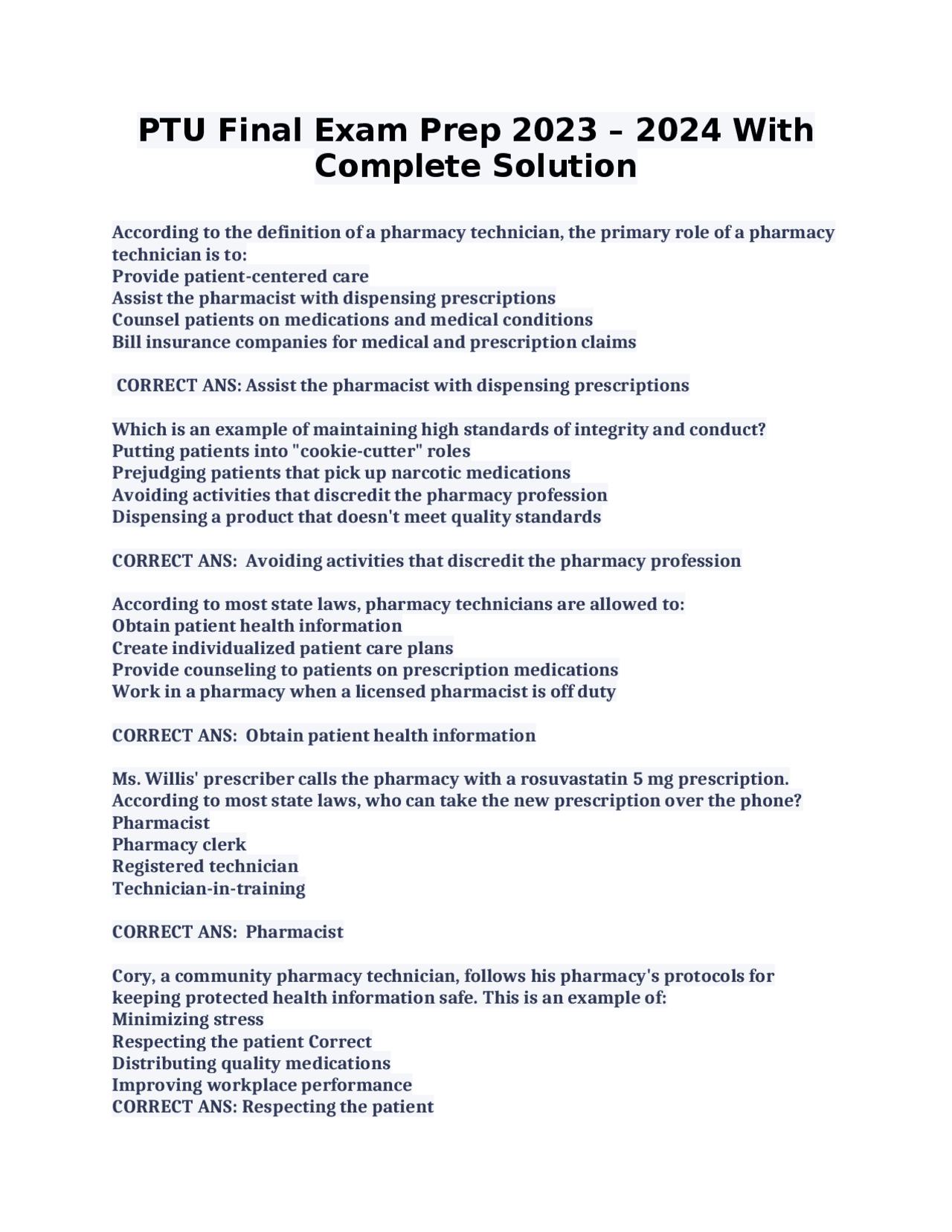 PTU Final Exam Prep 2023 – 2024 With Complete Solution | Exams Health ...