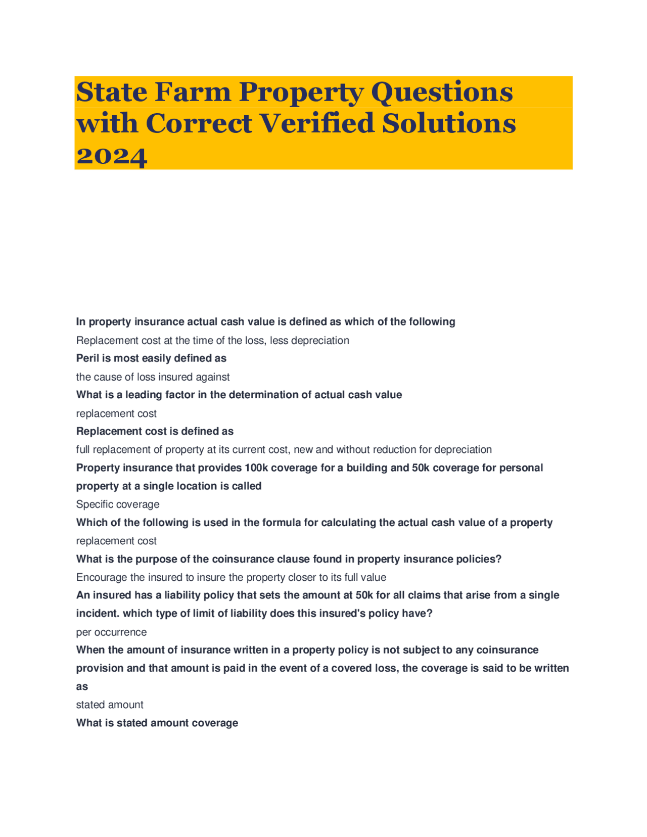 State Farm Property Questions with Correct Verified Solutions 2024 ...
