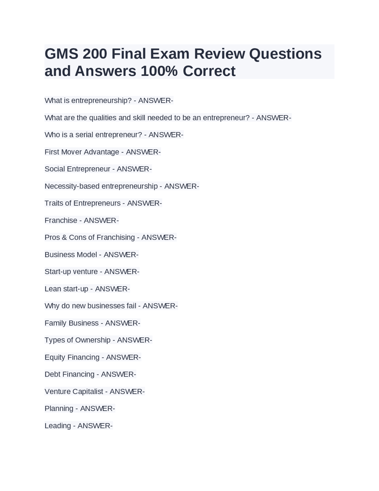 GMS 200 Final Exam Review Questions and Answers 100% Correct | Exams Entrepreneurship | Docsity