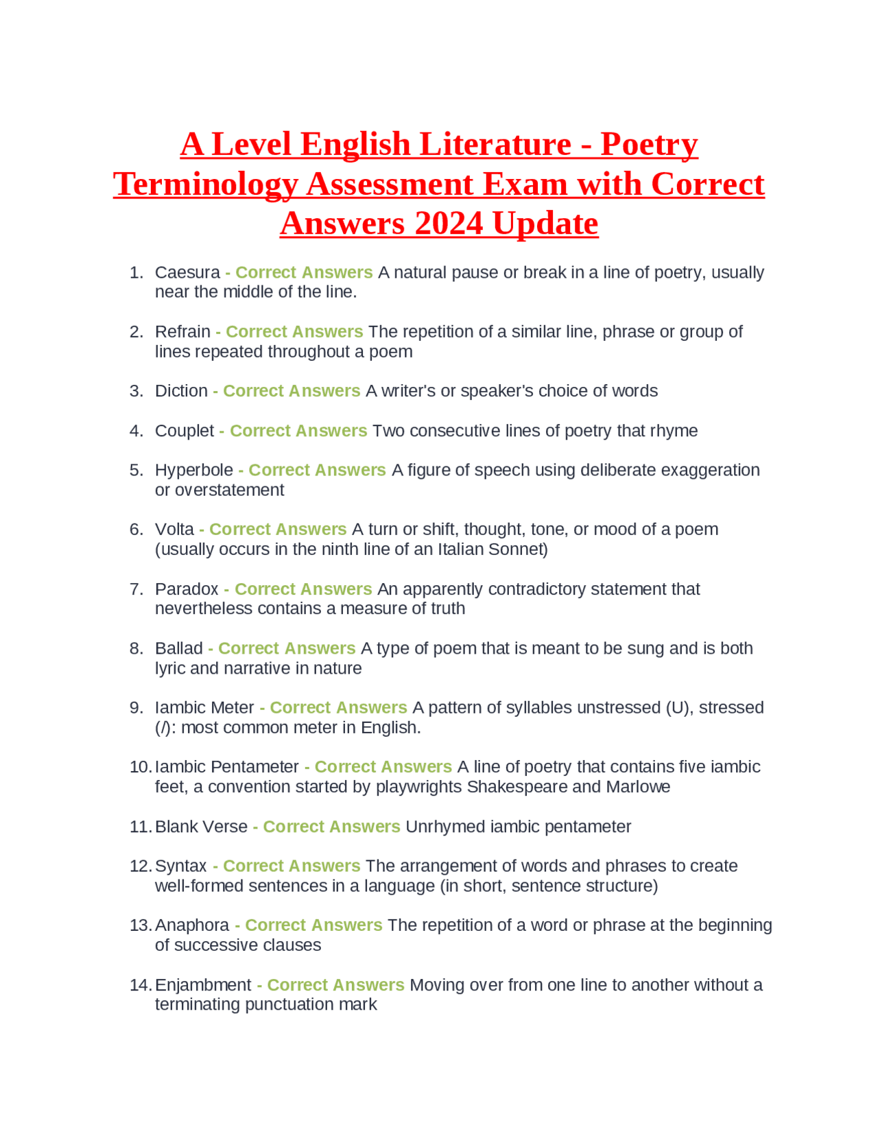 A Level English Literature - Poetry Terminology Assessment Exam with ...