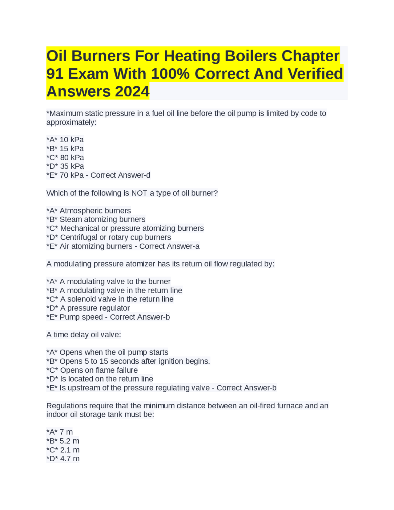 Oil Burners For Heating Boilers Chapter 91 Exam With 100% Correct And ...