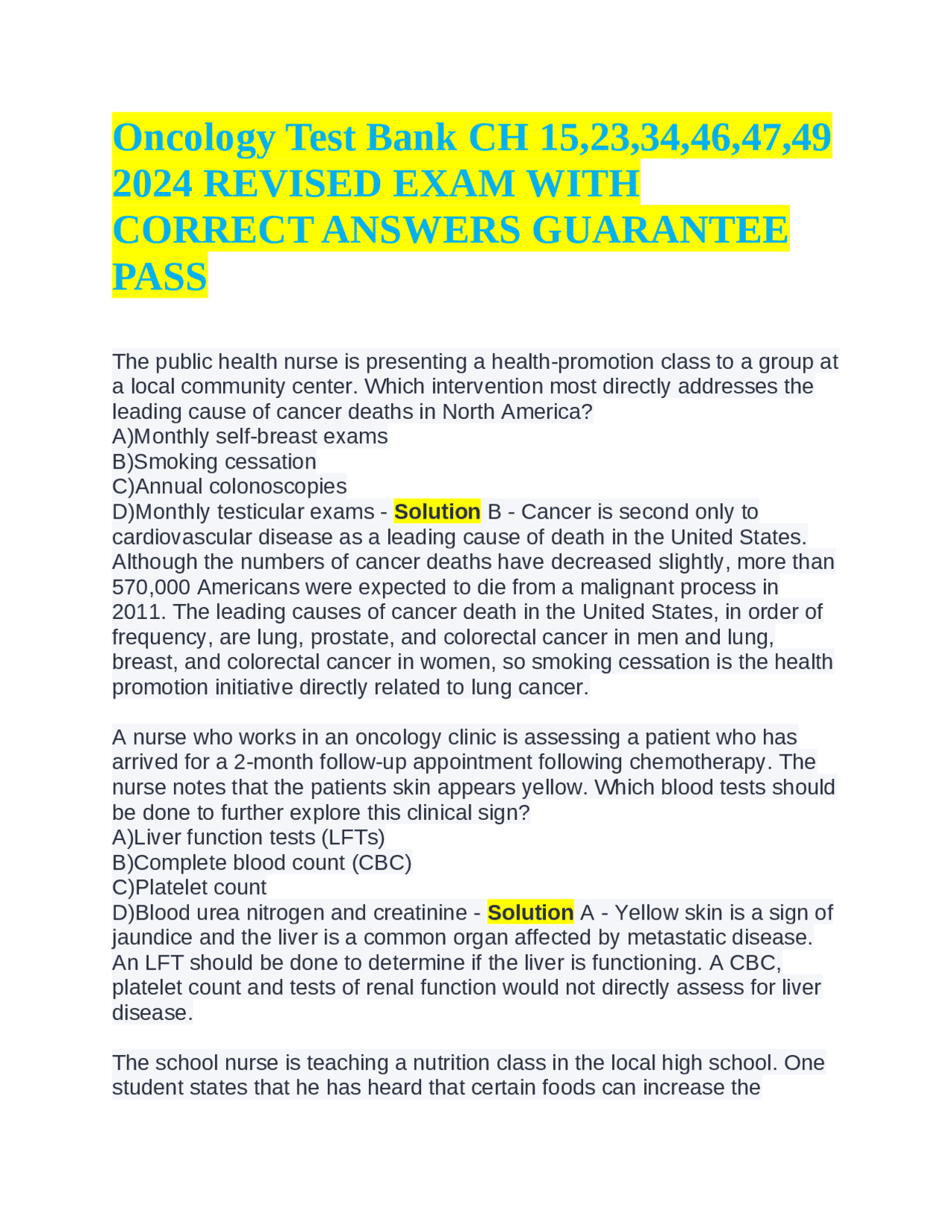 Oncology Test Bank CH 15,23,34,46,47,49 2024 REVISED EXAM WITH CORRECT ...