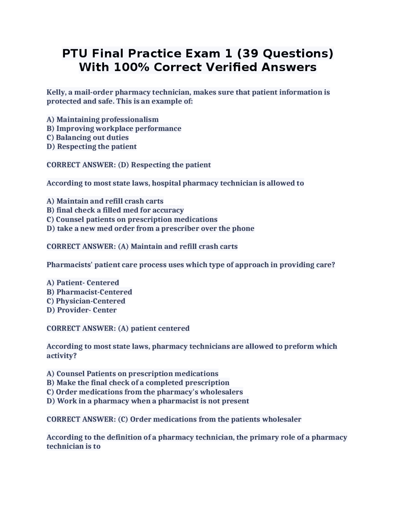 PTU Final Practice Exam 1 (39 Questions) With 100% Correct Verified ...