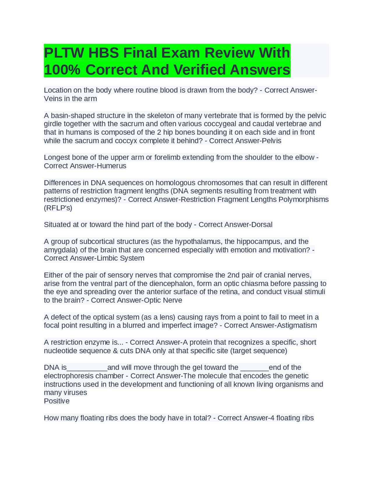 PLTW HBS Final Exam Review With 100% Correct And Verified Answers | Exams Advanced Education ...