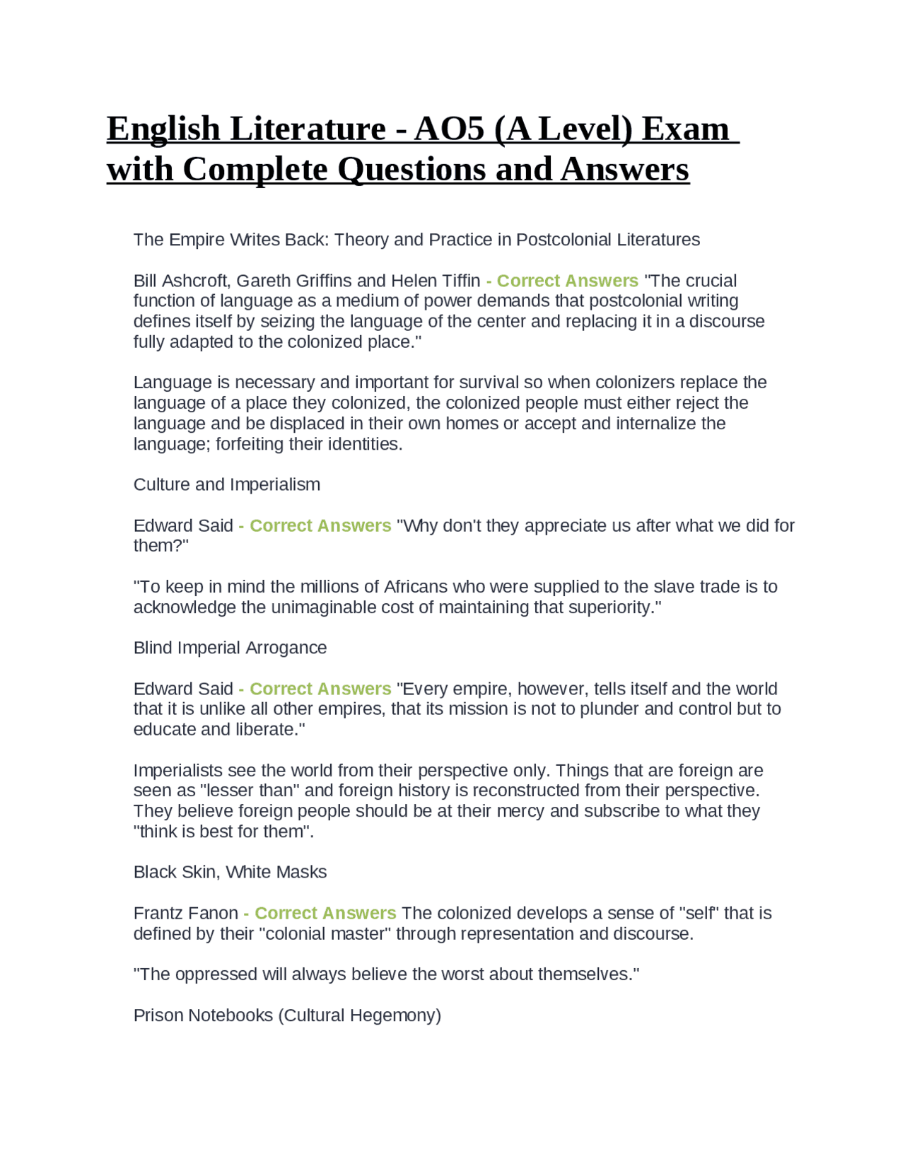 English Literature - AO5 (A Level) Exam with Complete Questions and ...