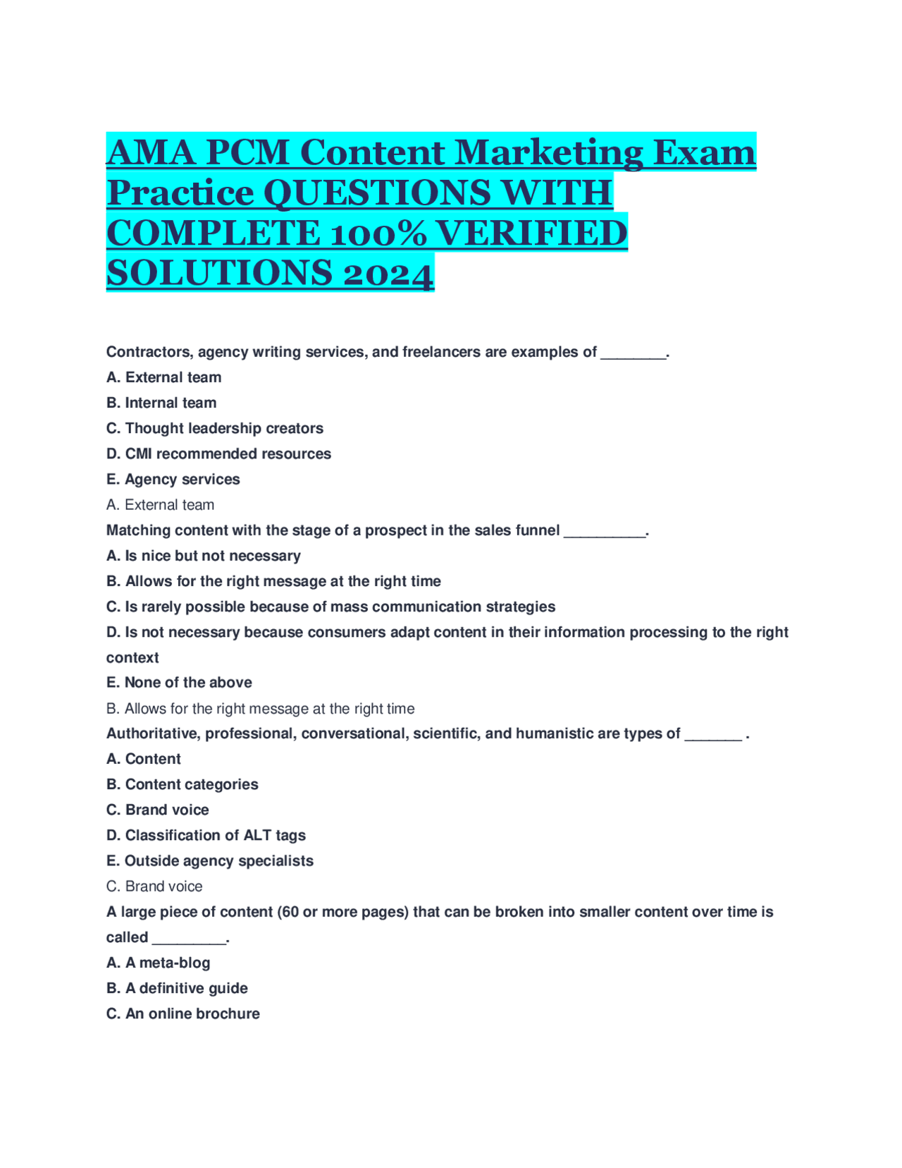 AMA PCM Content Marketing Exam Practice QUESTIONS WITH COMPLETE 100% VERIFIED SOLUTIONS 20 ...