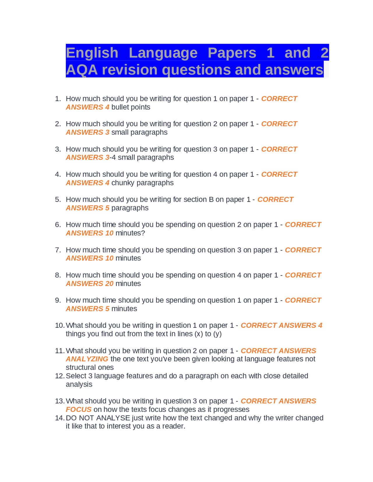 English Language Papers 1 and 2 AQA revision questions and answers ...