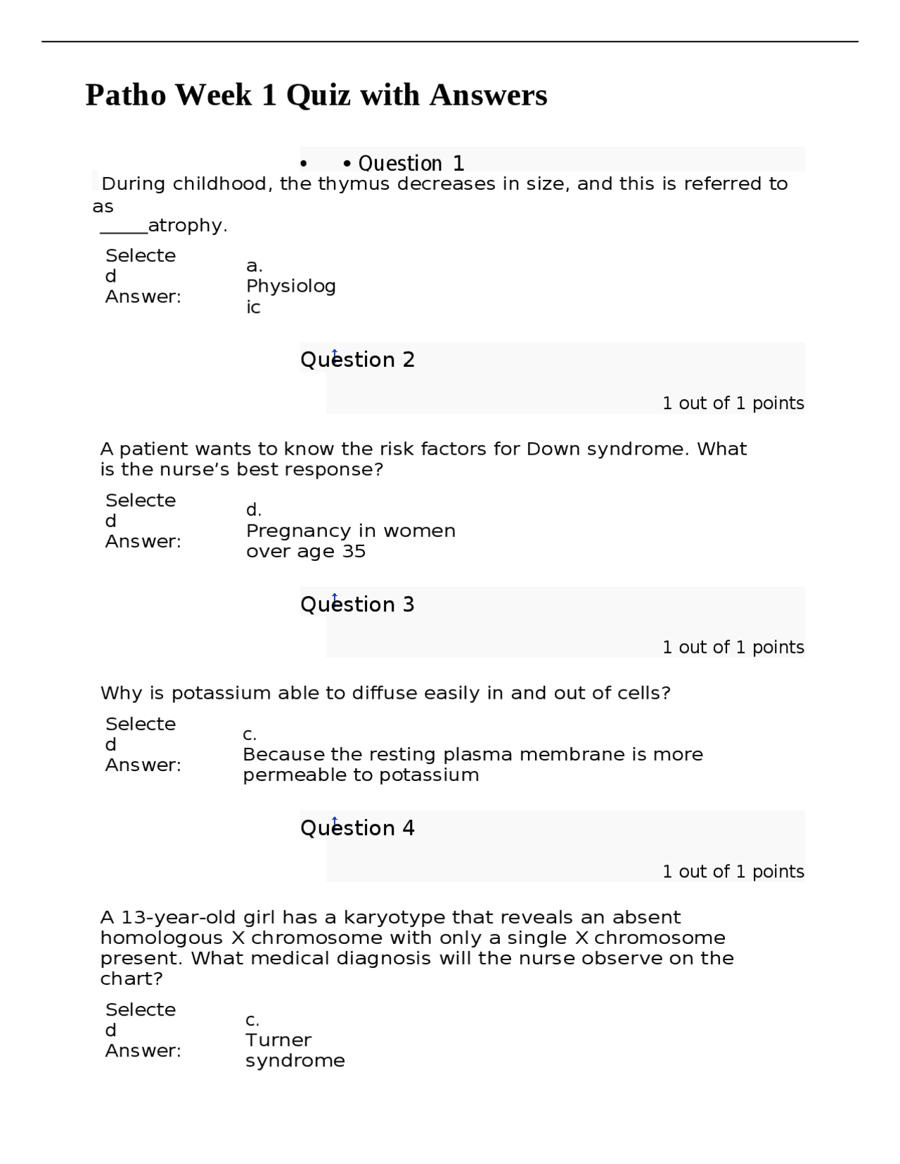 Patho Week 1 Quiz with Answers | Quizzes Pathophysiology | Docsity