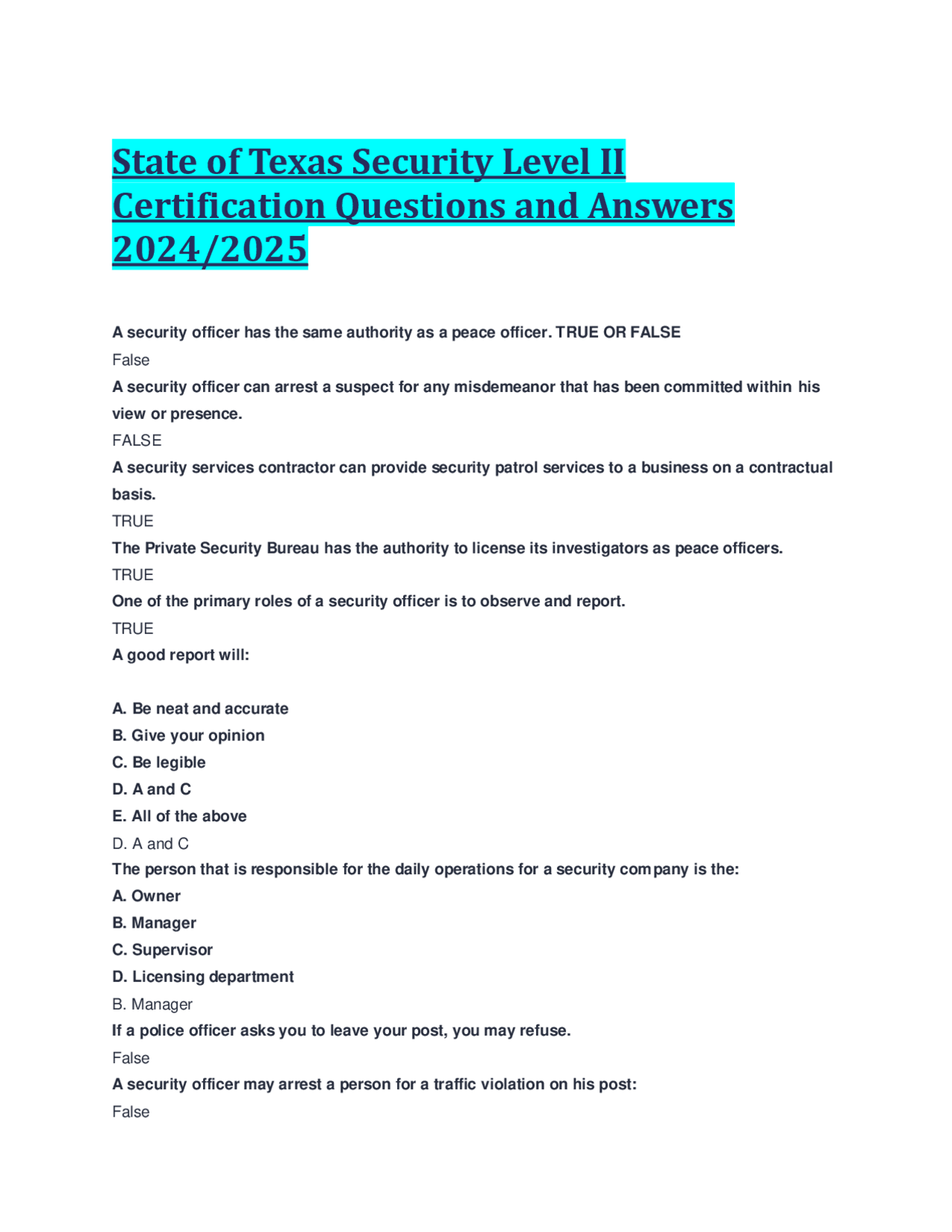 State of Texas Security Level II Certification Questions and Answers ...